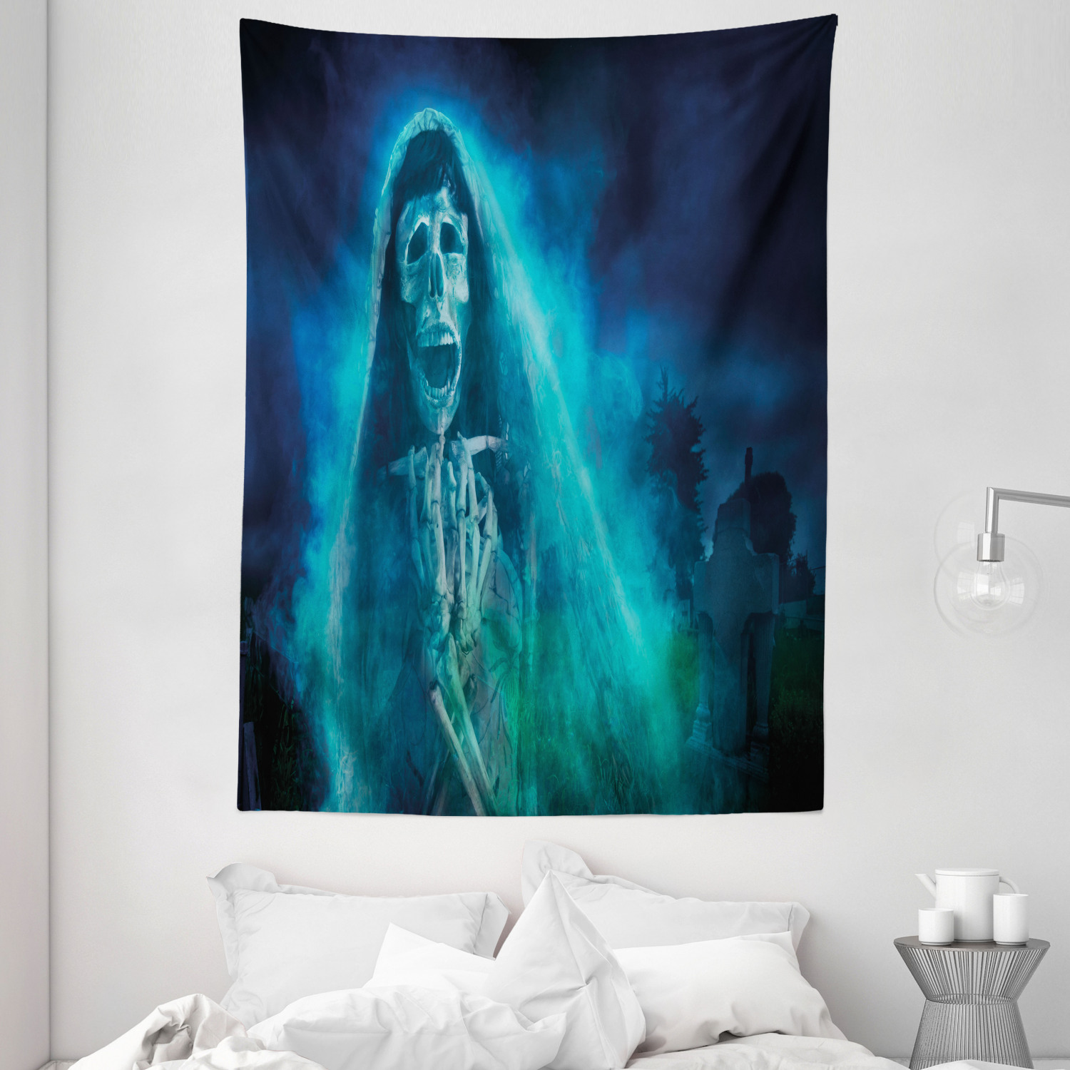 Halloween Tapestry, Gothic Dark Backdrop with a Dead Ghost Skull ...