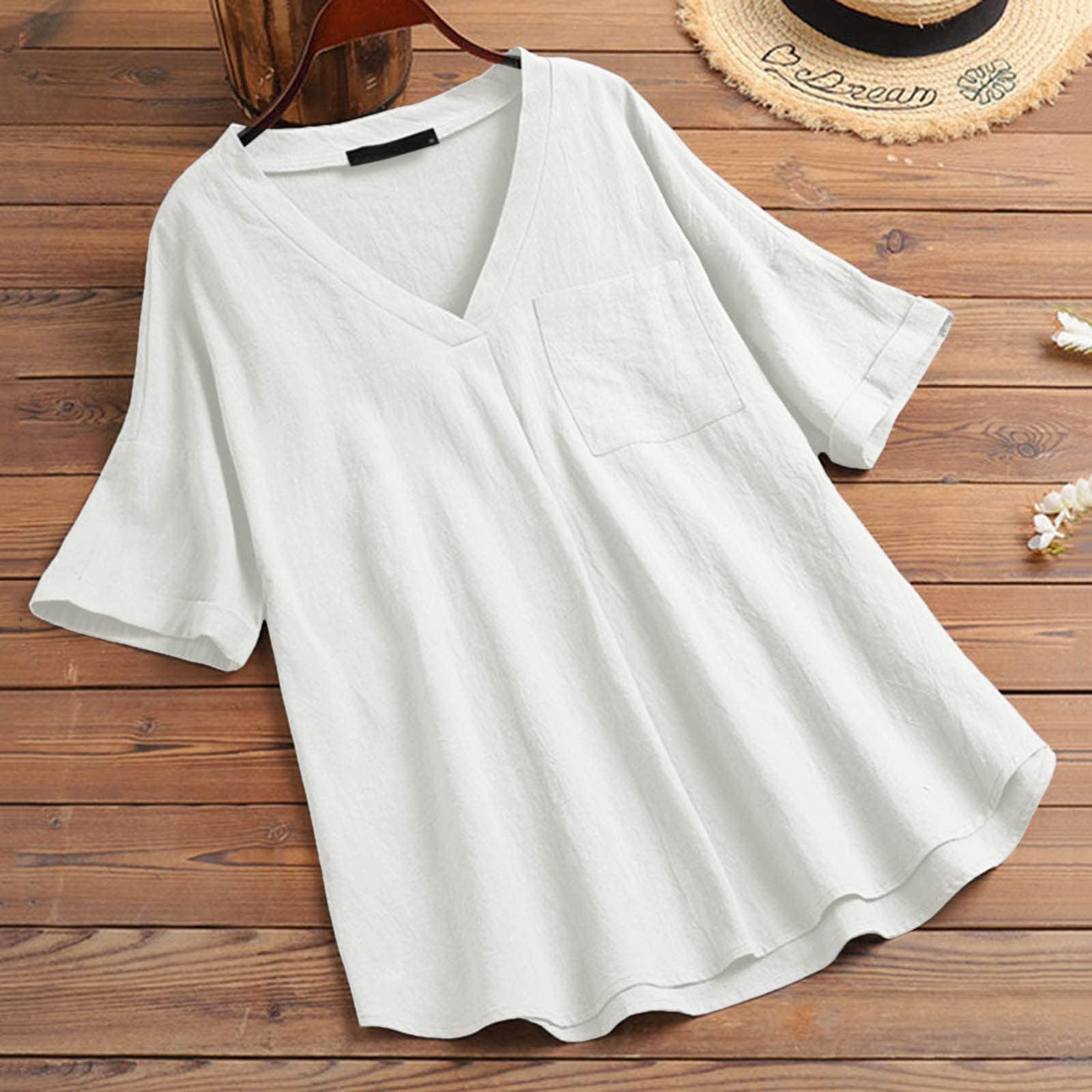 HIMIWAY Women's Solid Color V-neck Half-sleeve Pocket Cotton And Linen ...