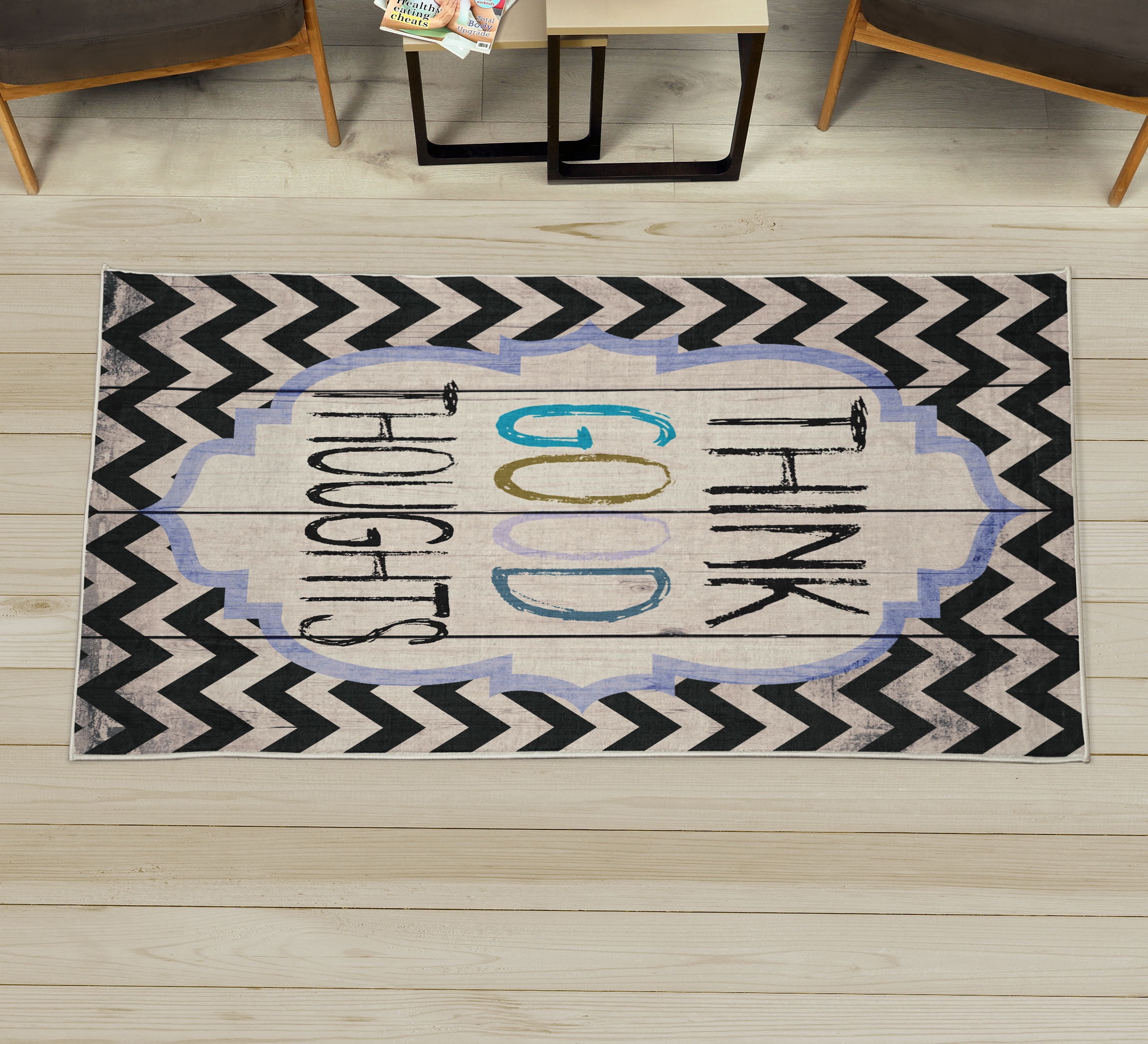 Saying Decorative Rug, Think Thoughts Message with Rainbow Colored ...
