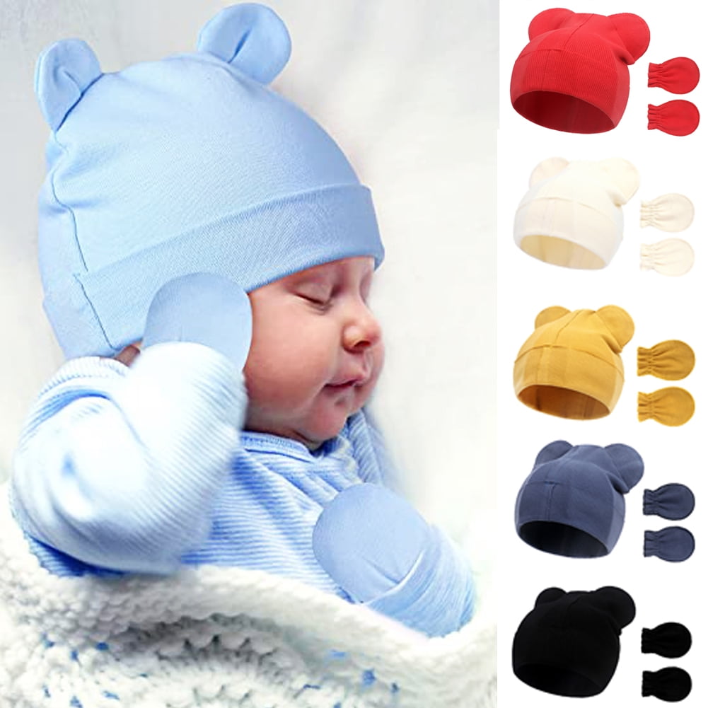 Newborn Baby Hats and Mittens Set, Winter Bear Ears Beanies No Scratch ...
