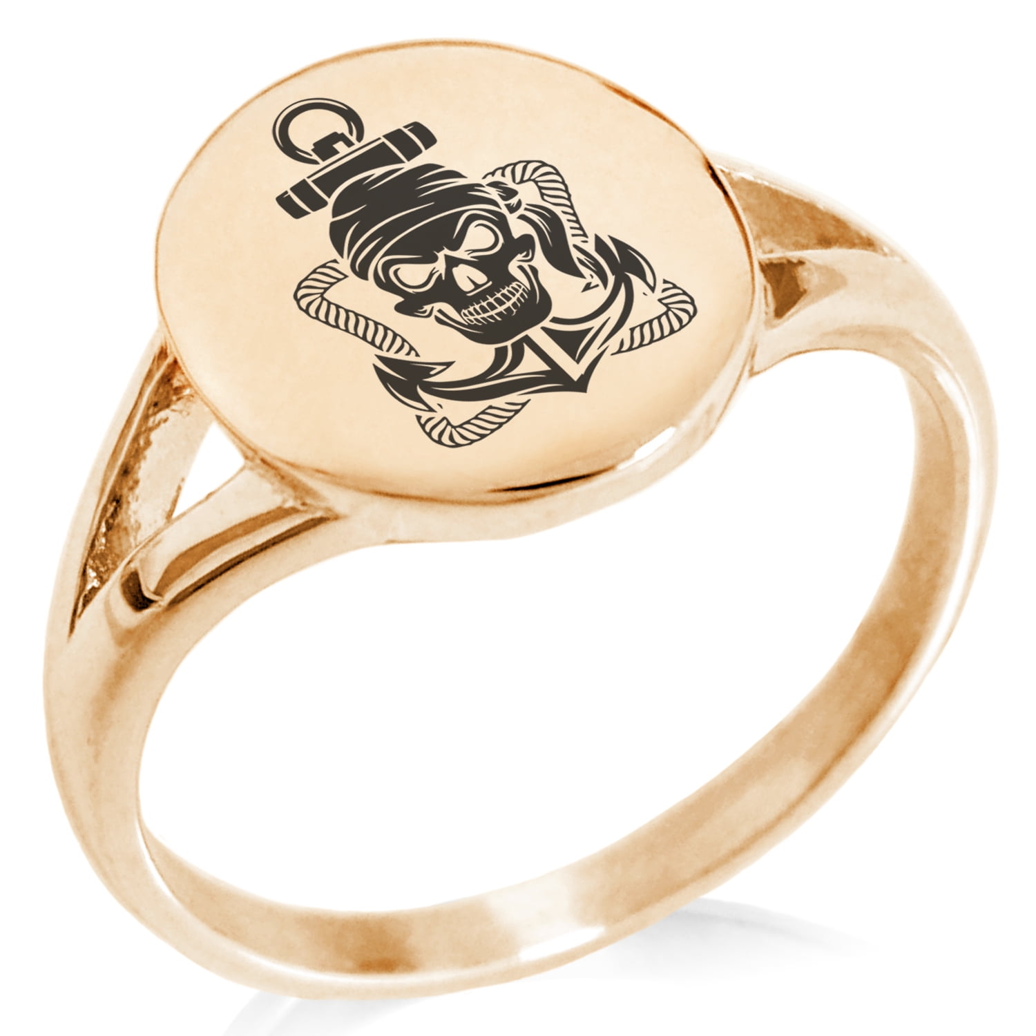 Stainless Steel Jolly Roger Pirate Skull Rope & Anchor Minimalist Oval ...