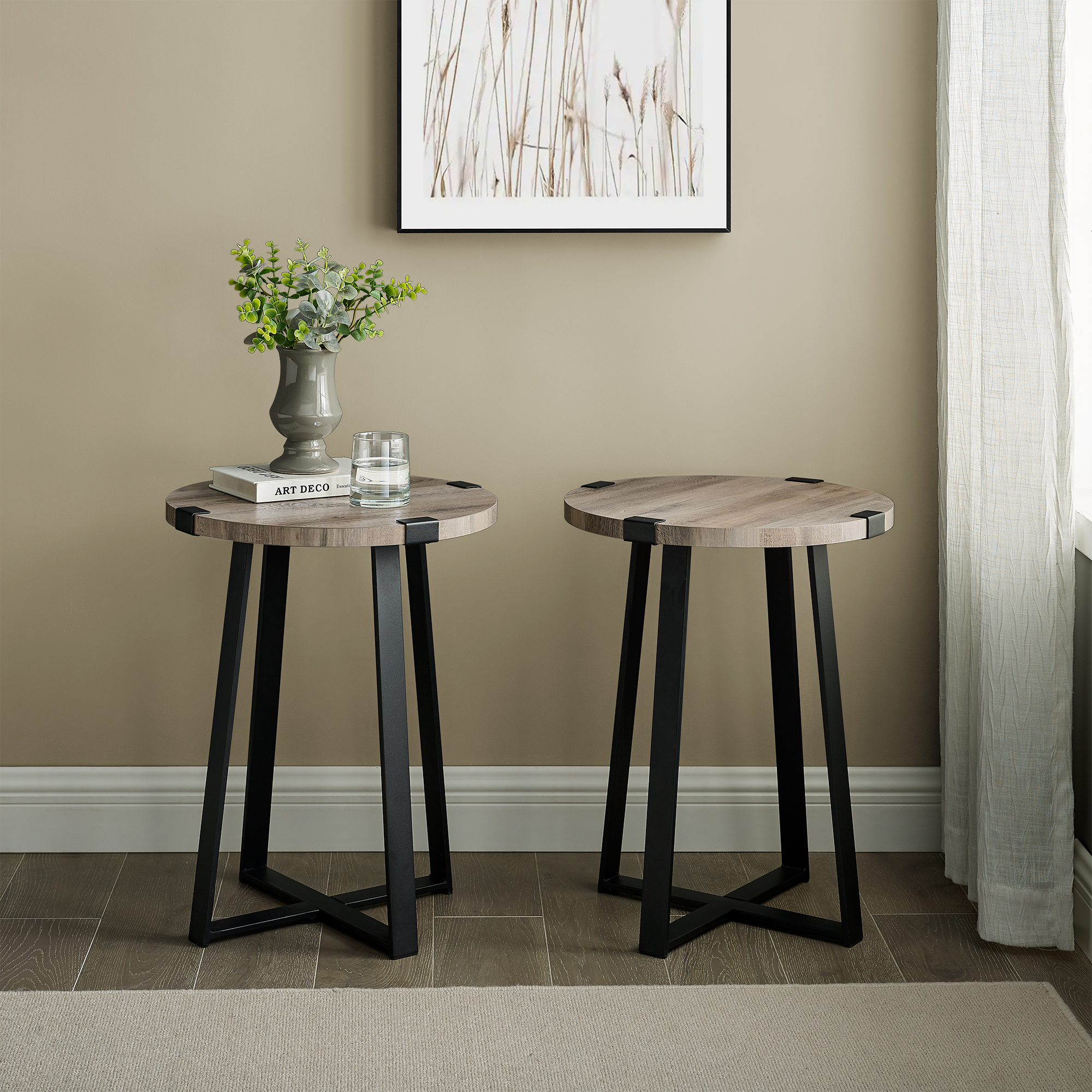 Rustic Wood and Metal Round End Table, Grey Wash, Set of 2 - Walmart.com
