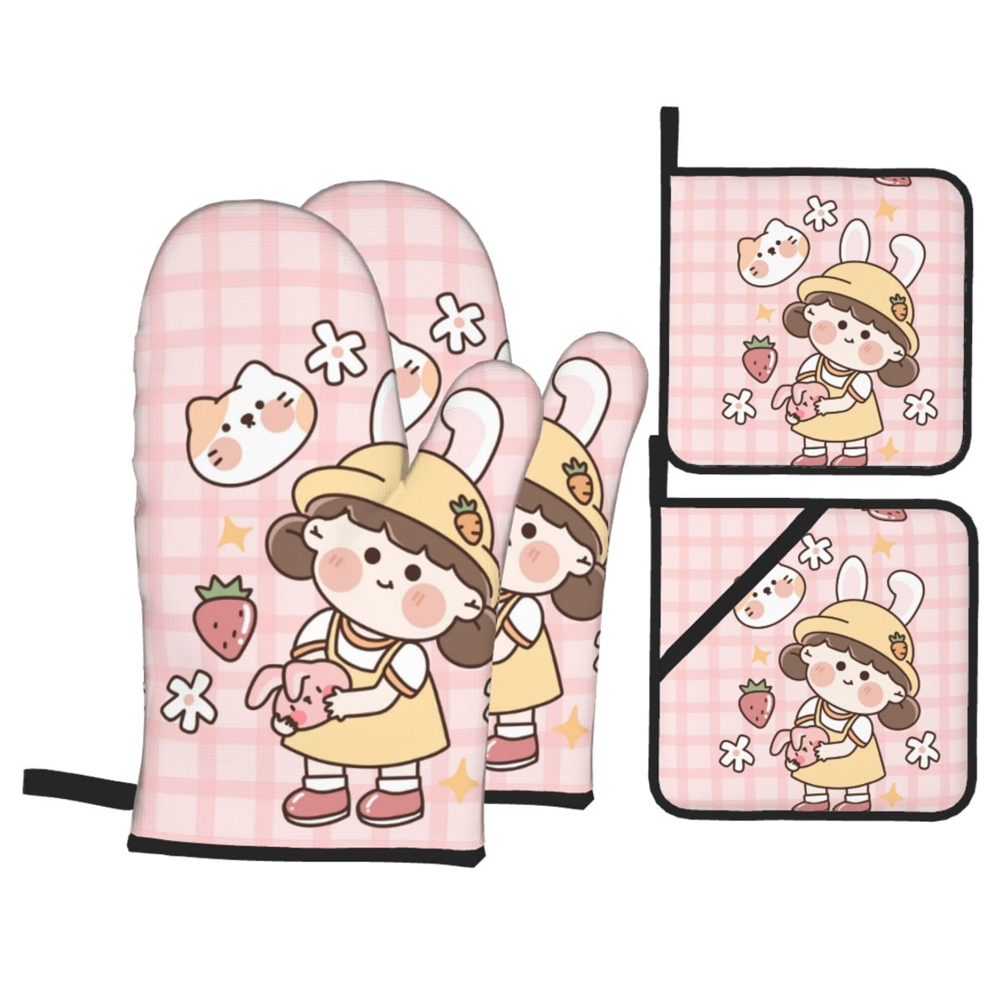 Cartoon Cat Little Girl Oven Mitts And Pot Holders Sets Baking Sets For ...