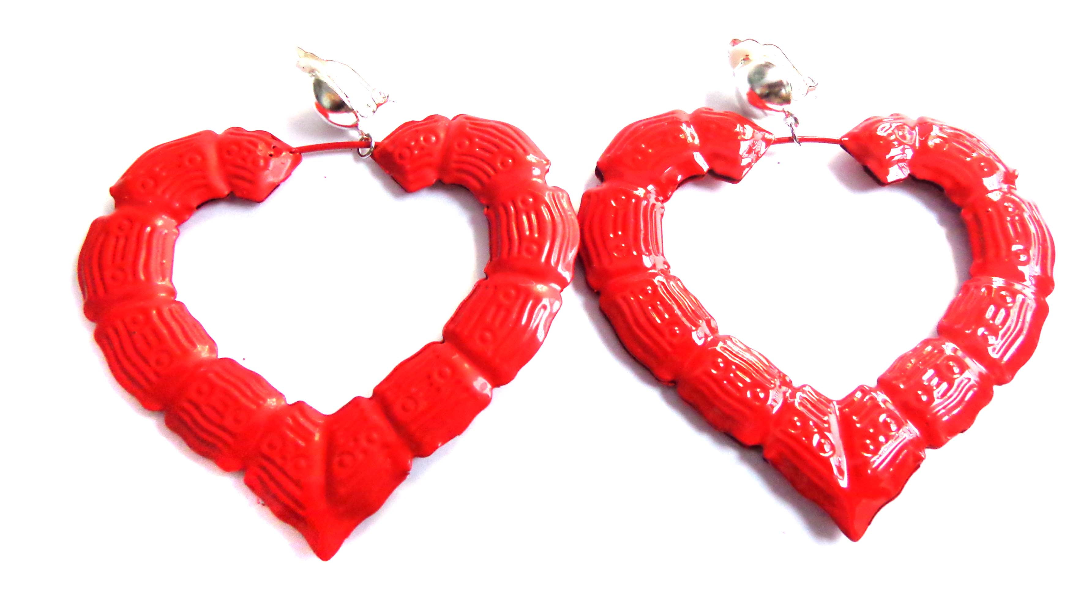 Clip-on Earrings Bamboo Heart Hoop Earrings Red Hoops 3.5 inch ...