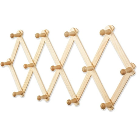 Accordion Style Wooden Expandable Coat Rack Wall Mounted 14 Pegs Hooks ...