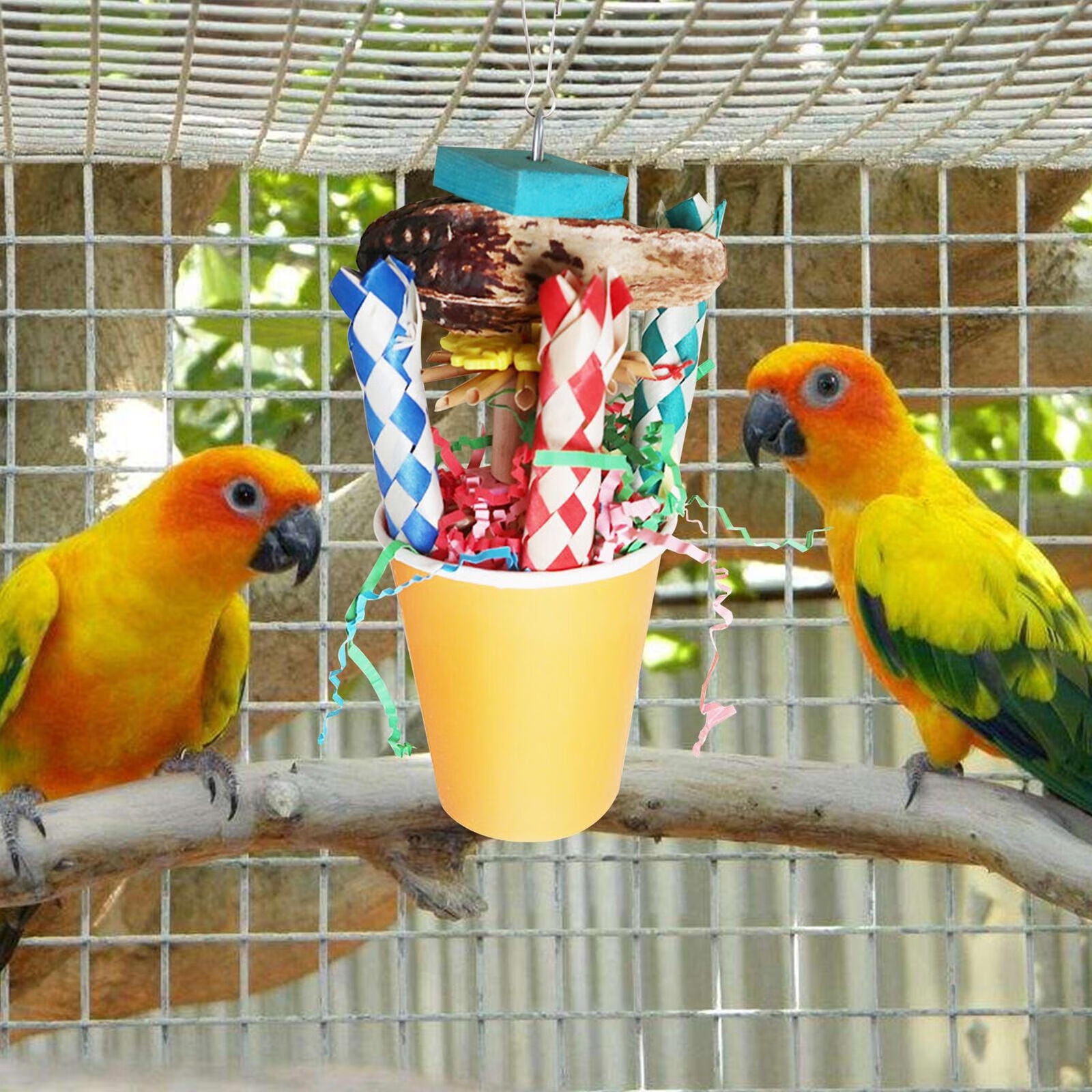 Difost Bird Chewing Toy - Parrot Cage Bite Toys Snack Bucket Wooden ...