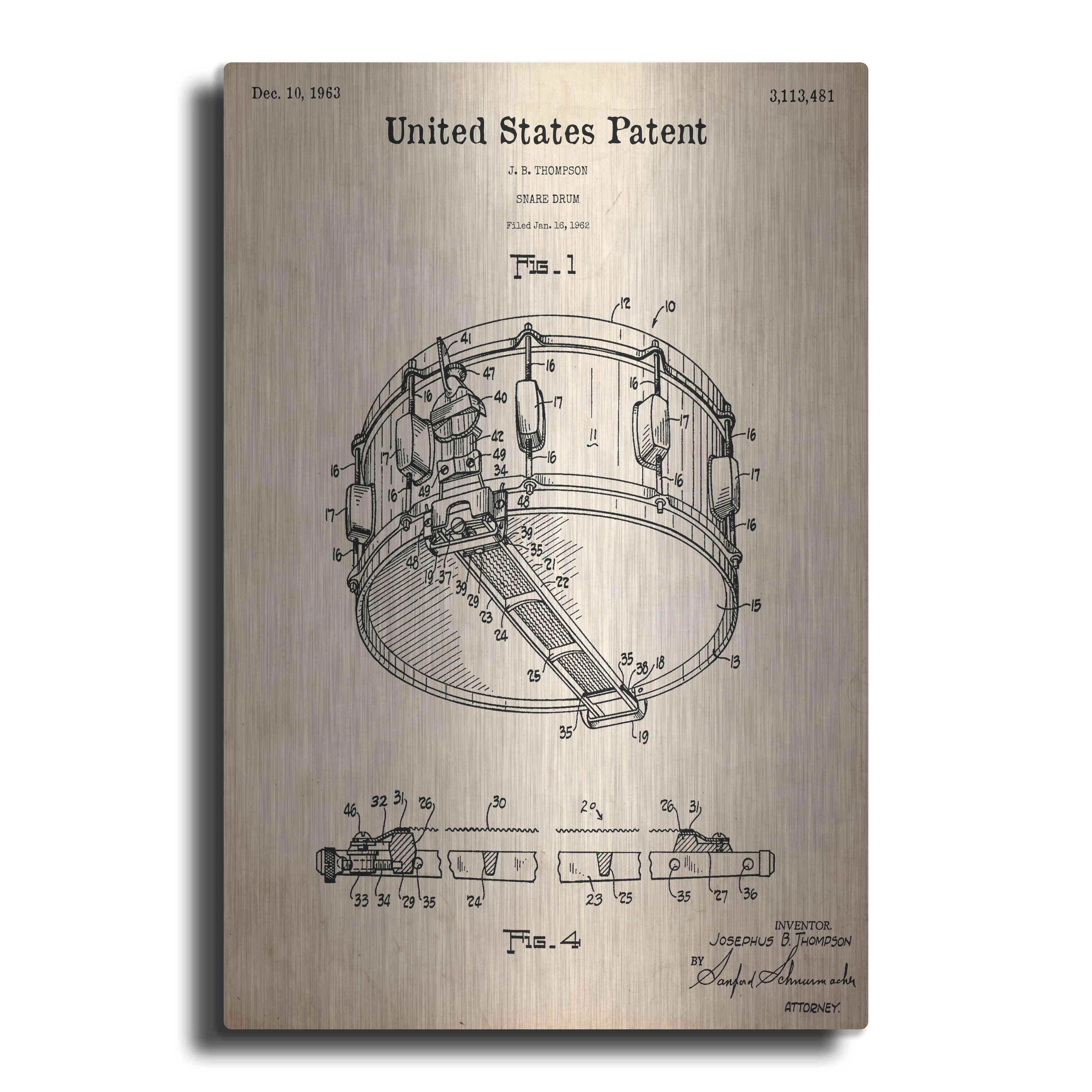 Luxe Metal Art 'Snare Drum Blueprint Patent Parchment,' Metal Wall Art ...