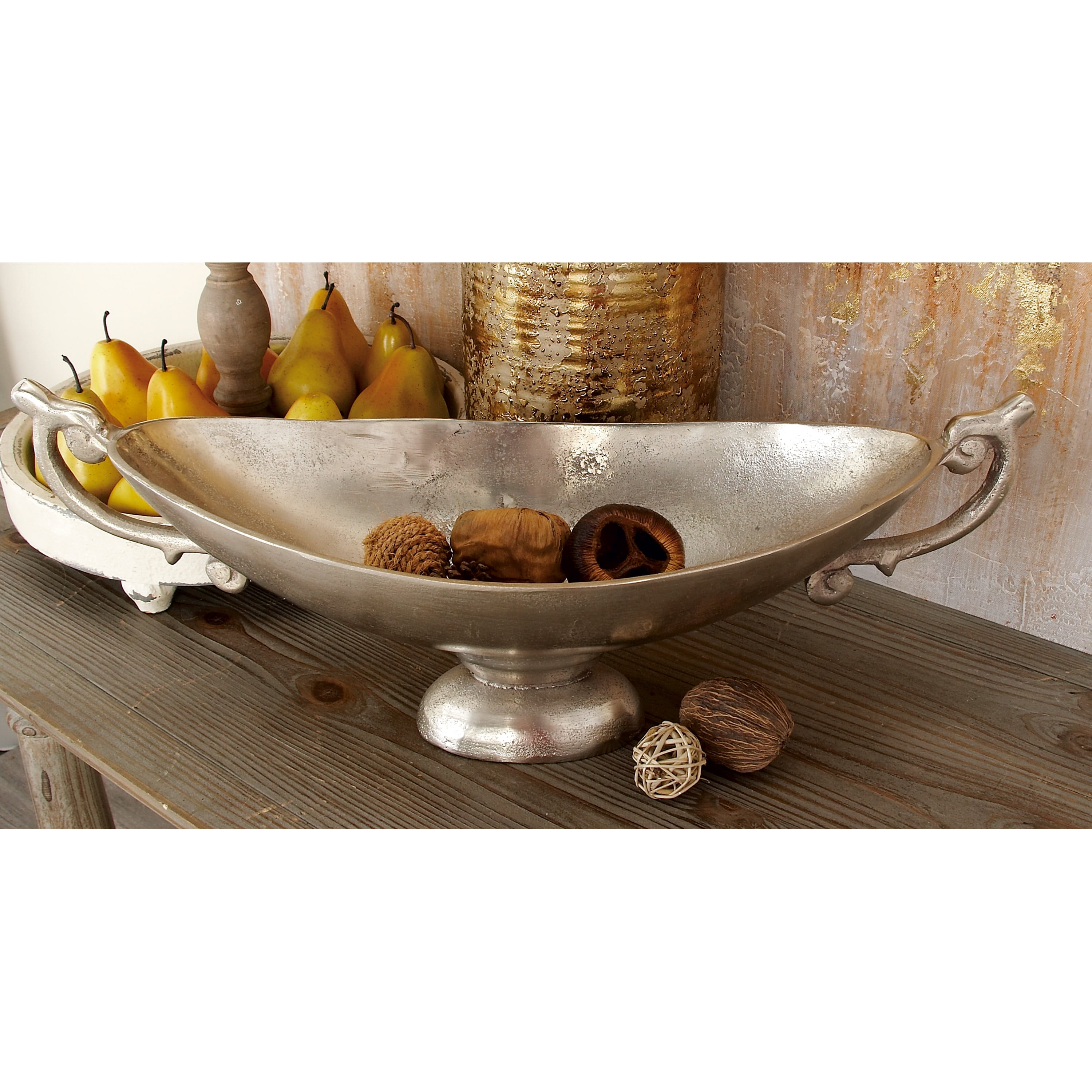 DecMode 8" Oval Silver Aluminum Decorative Bowl with Handles - Walmart.com