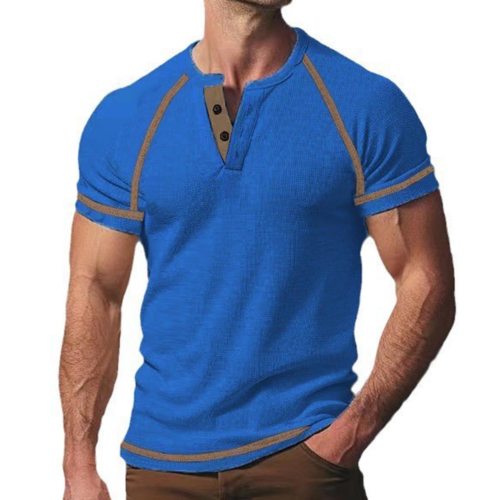 Playera Elvqul de Hombre Azul Playa de Color Sólido con Solapa Manga ...
