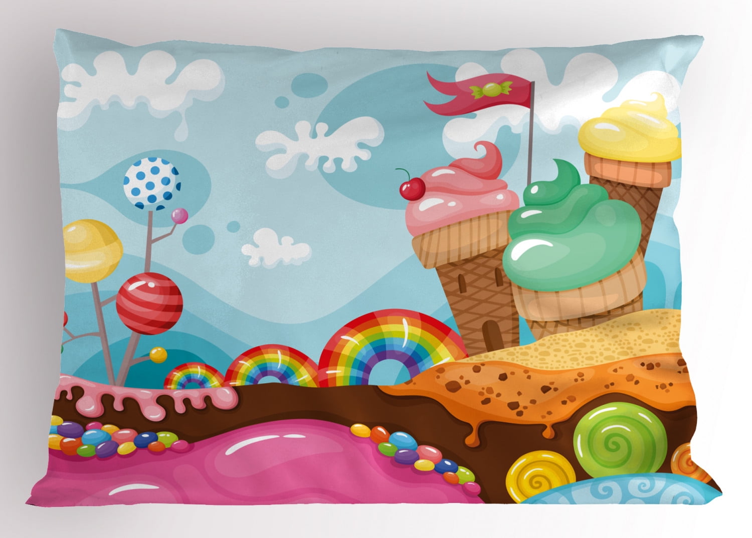 Ice Cream Pillow Sham Dessert Land with Rainbow Candies Lollipop Trees ...