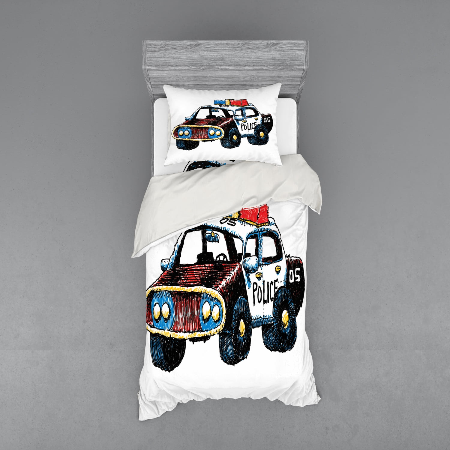 Police Duvet Cover Set, Cartoon Hand Drawn Police Car Unusual Design ...