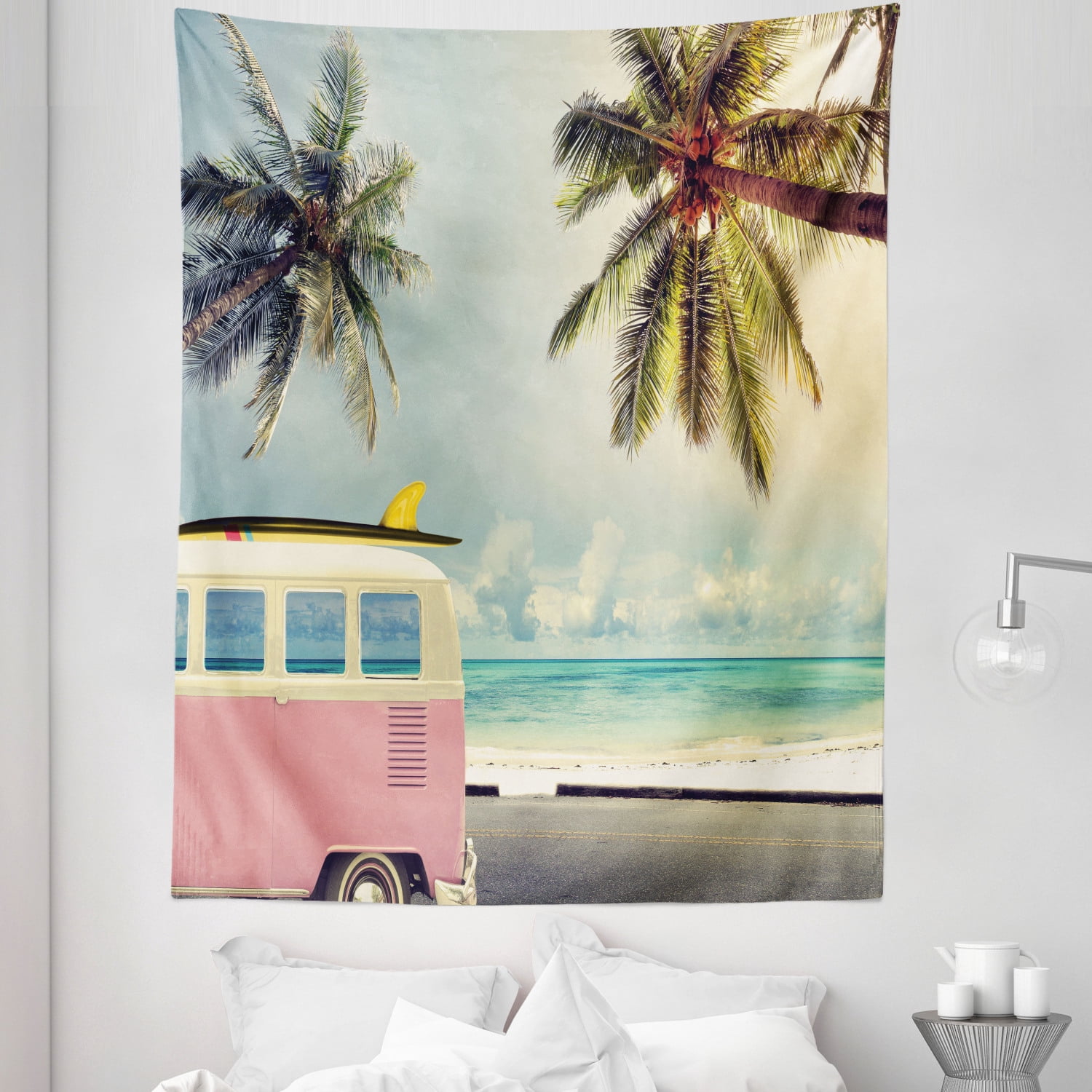 Colorful Tapestry, Minivan the Beach Retro Inspired Vacation Clouds in ...