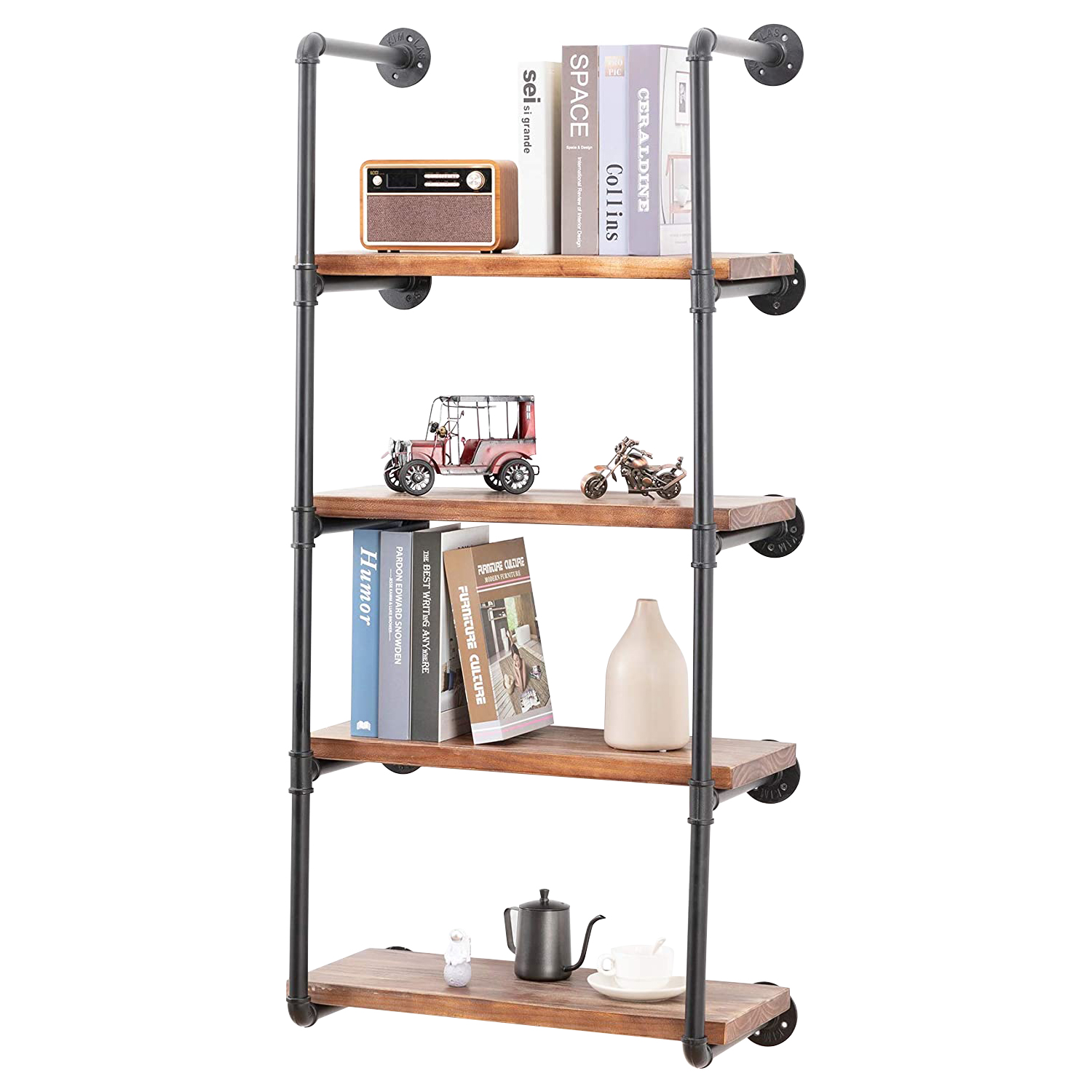 Industrial Pipe Wall Shelves Pipe, 4-Tier Rustic Wall Mount Bookcase ...