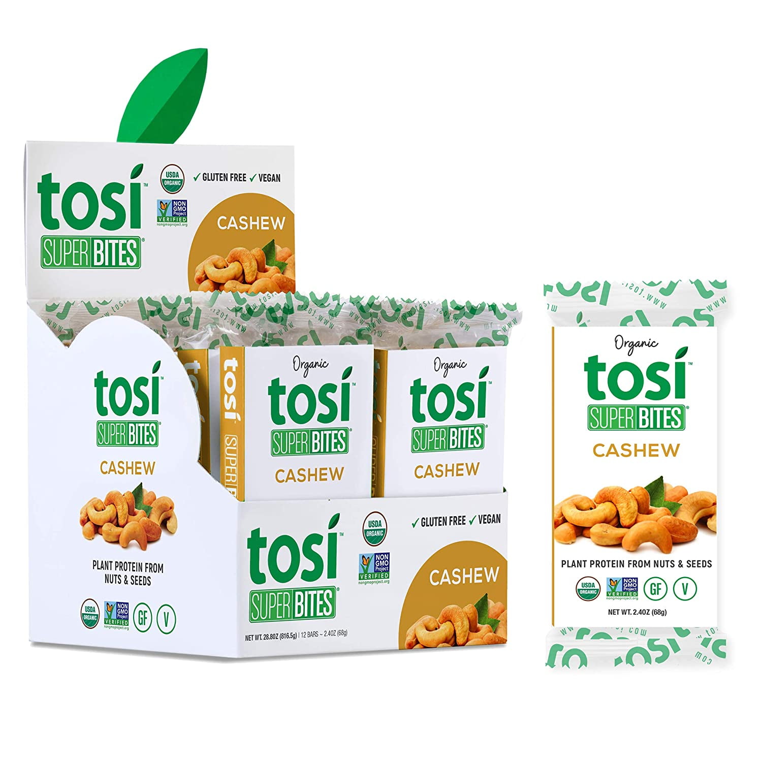 TOSI SuperBites, Gluten-Free Snack Bars, Cashew, Vegan, Organic, 2.4 oz ...