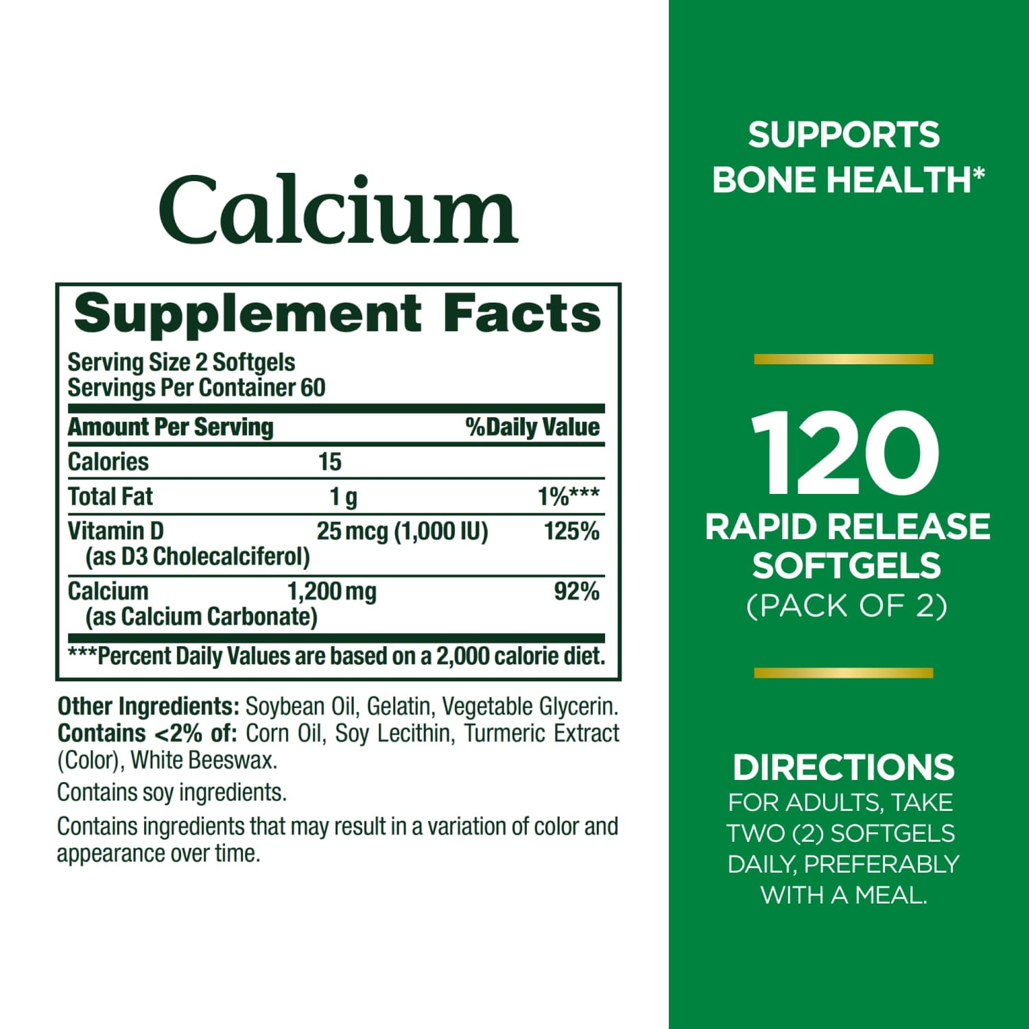 Nature's Bounty Absorbable Calcium, 1200mg, Plus Vitamin D3 25mcg (1,000 IU), 120 Softgels (Pack ...