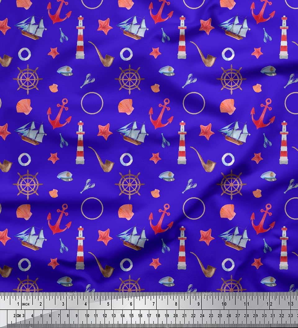 Soimoi Blue Poly Georgette Fabric Ship Wheel,Anchor Hook & Yacht ...