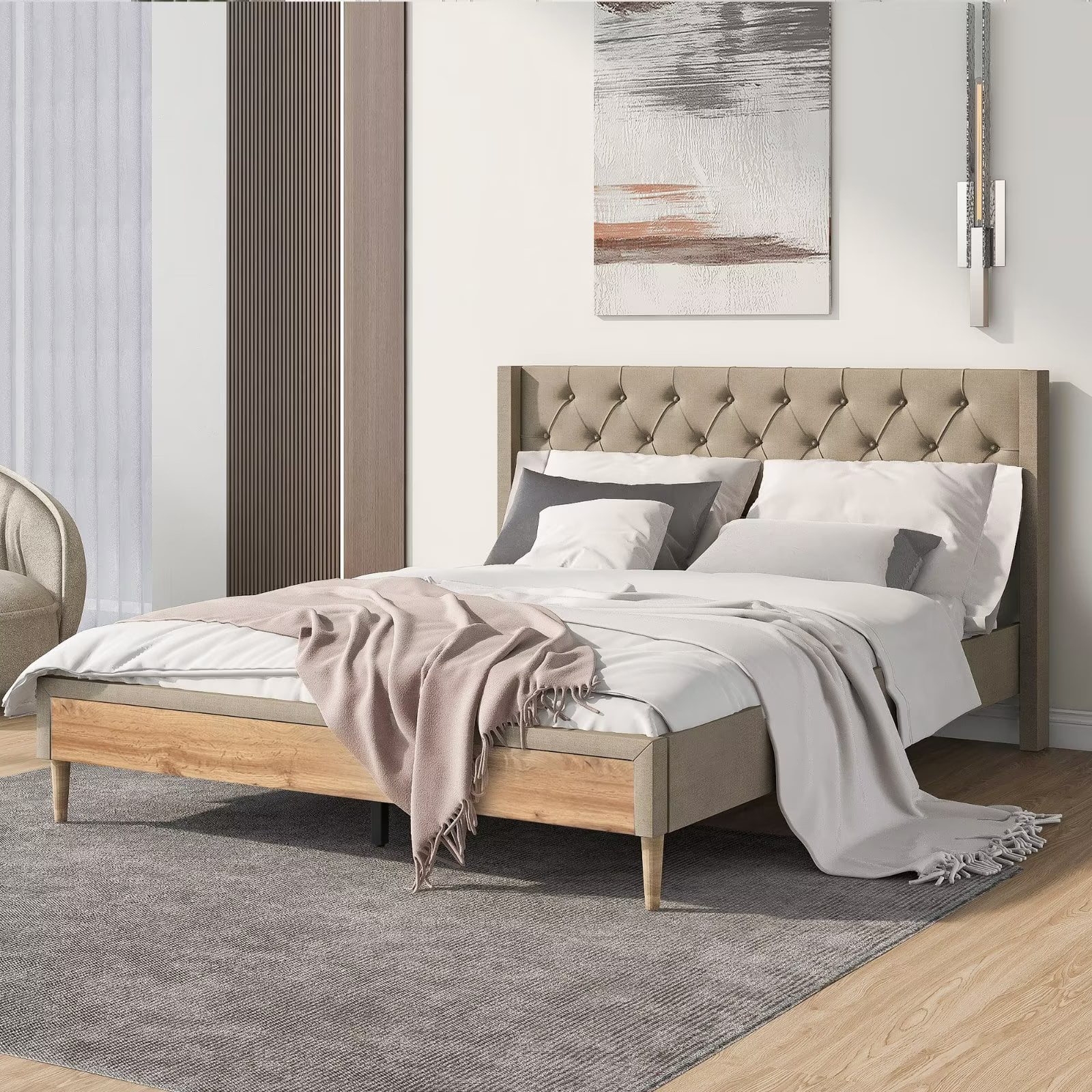 Queen Size Platform Bed with Button Tufted Headboard, Upholstered Bed ...