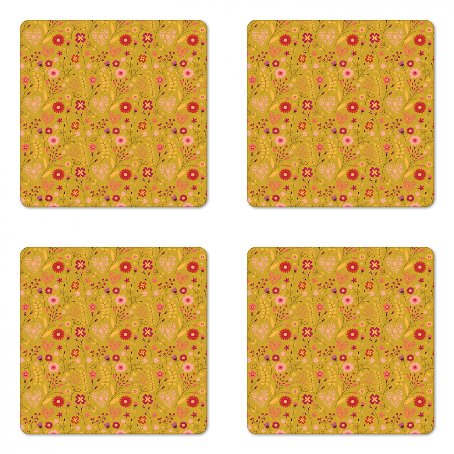 Flower Coaster Set of 4, Flowers Pattern with Heart Shapes and ...