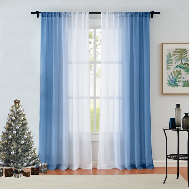 Junvictex Blue Ombre Crushed Chiffon Sheer Crinkle Curtains for Living ...