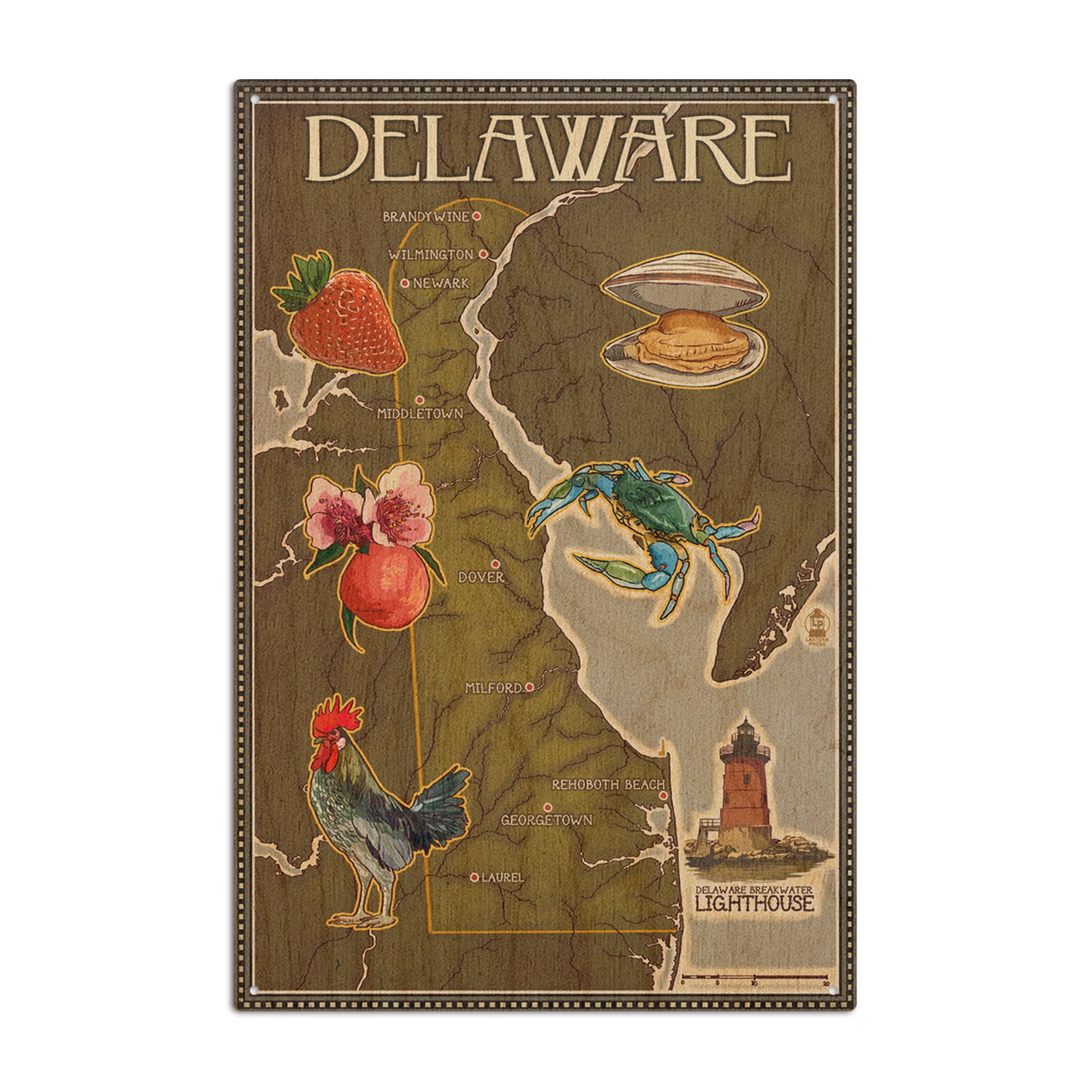 Delaware Map and Icons Birch Wood Wall Sign (6x9 Rustic Home Decor ...