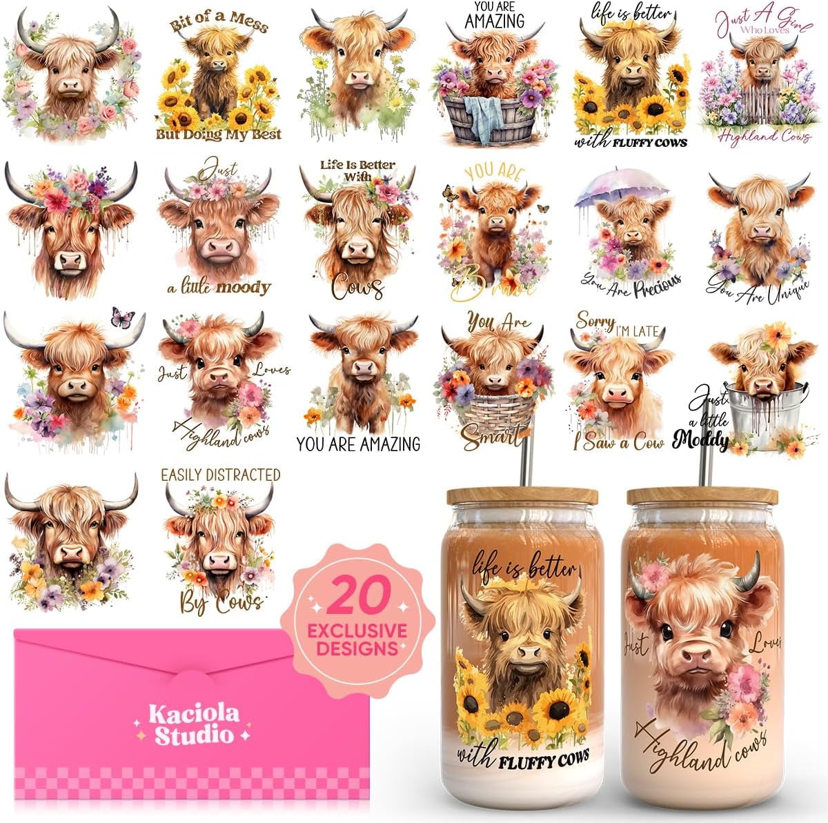 shiyou-Kaciola Studio Cow UV DTF Cup Wrap -20 Sheets Highland Cow Theme ...