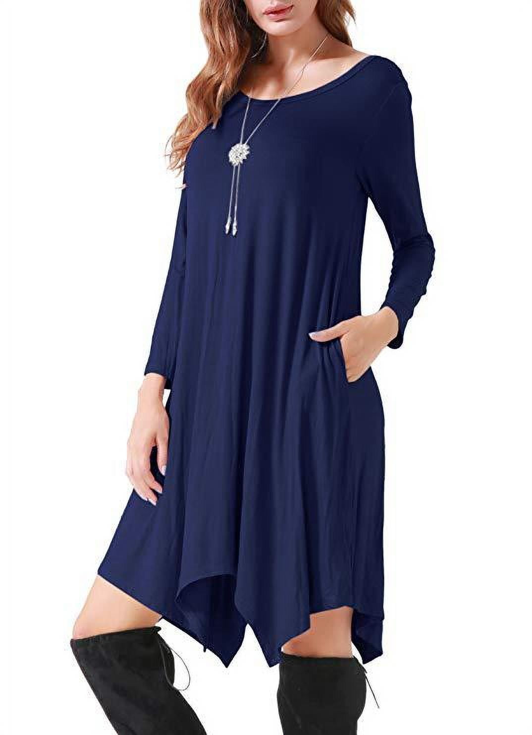 Women's Crew Neck Medium-Length Long-Sleeved Dress With Pockets Solid ...