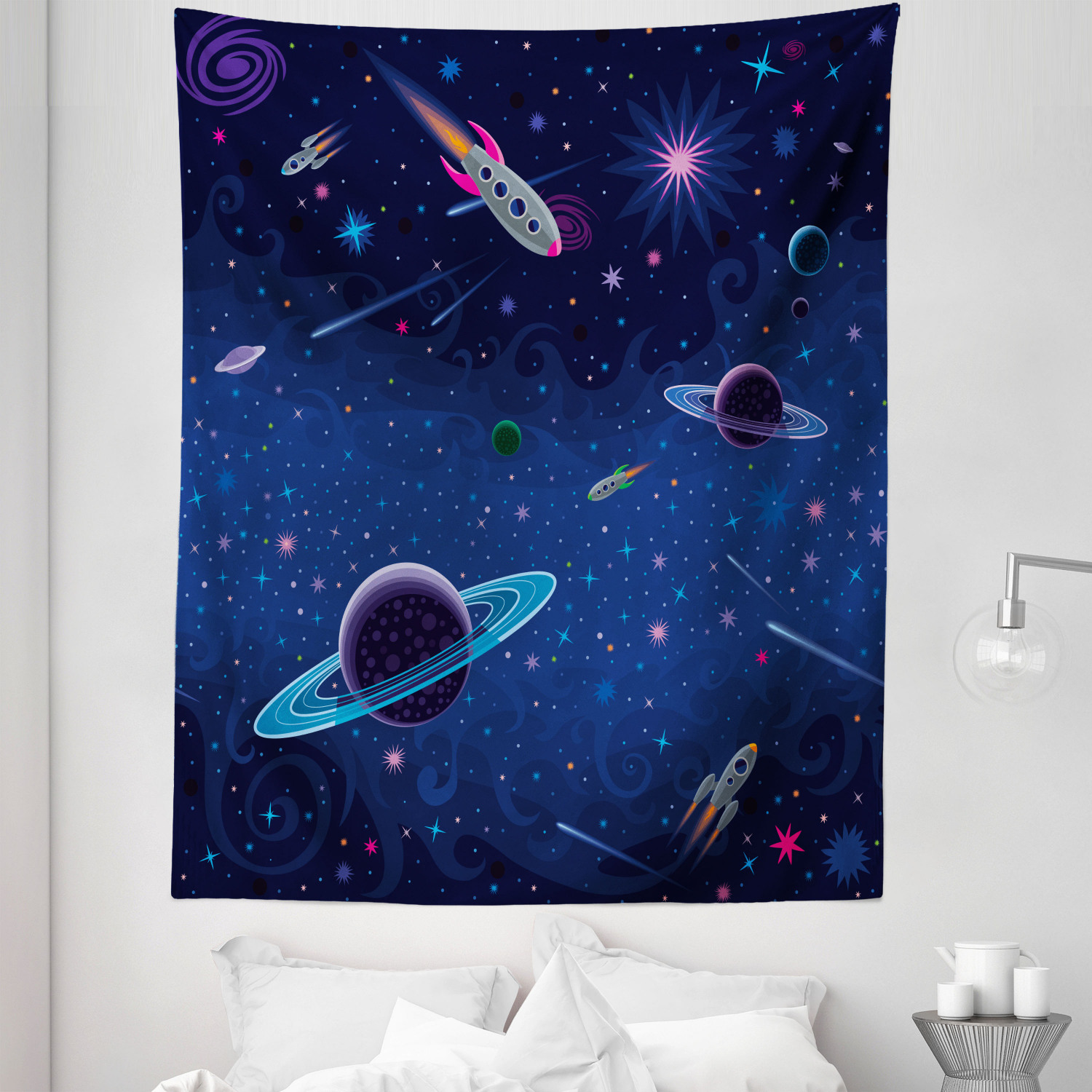 Outer Space Tapestry, Orbit Rocket Galaxy Stars Milkyway Nebula Cosmos ...