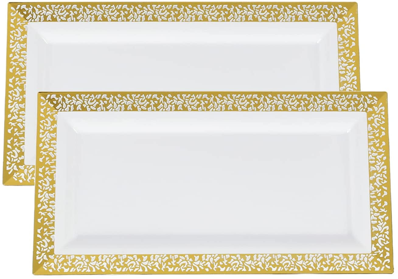 decorative Plastic Serving Tray & Platter Set (2pk) - White & Gold ...