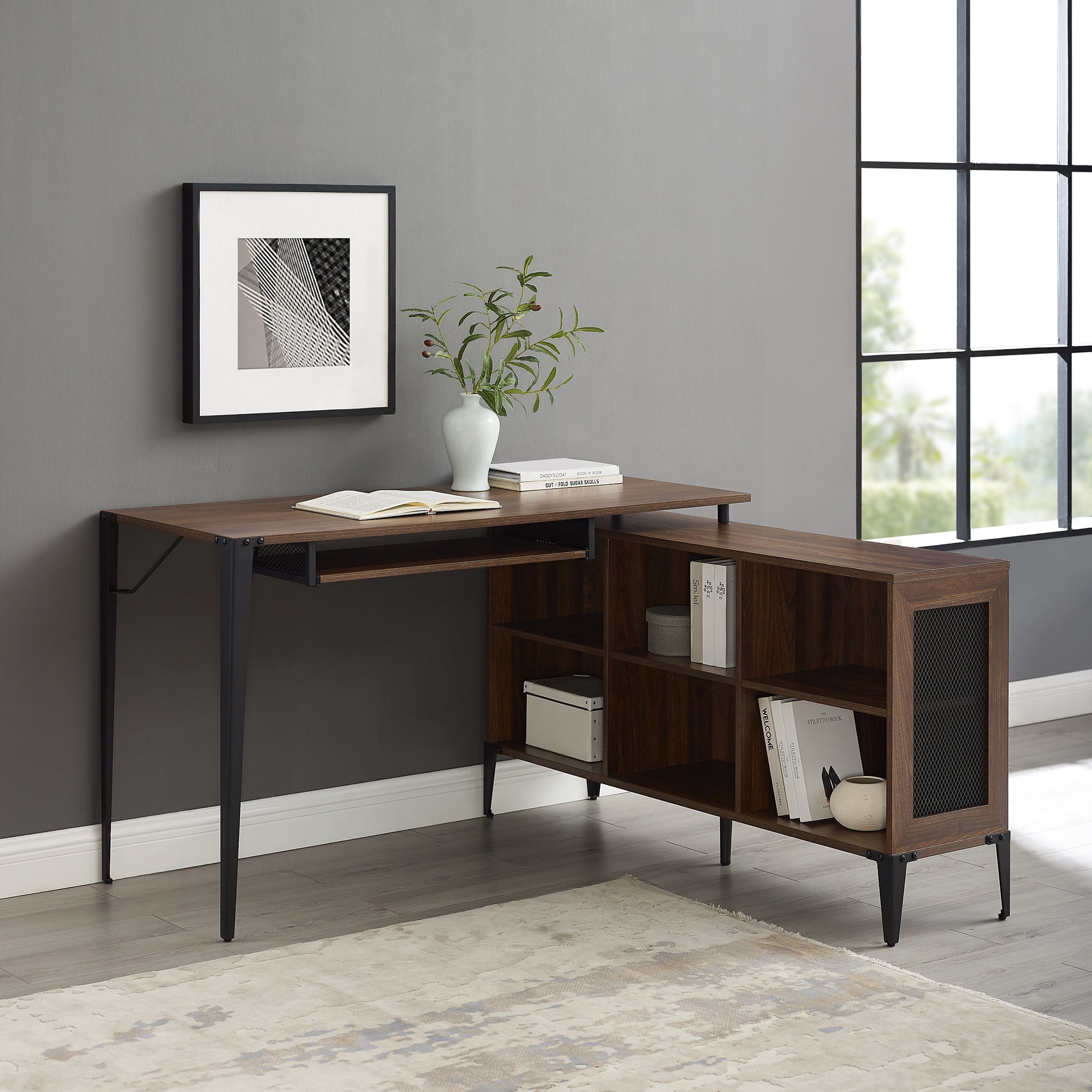 Morice Dark Walnut L-Shaped Corner Storage Desk by Manor Park - Walmart.com