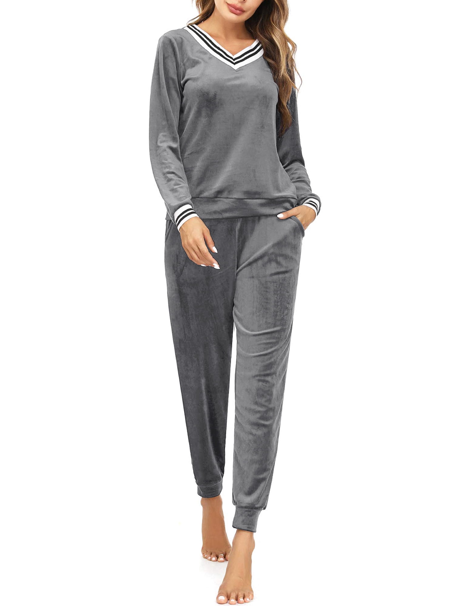 Velour Tracksuit for Womens 2 Piece Sweatshirt & Sweatpants Set Striped V Neck Jogging Suits ...