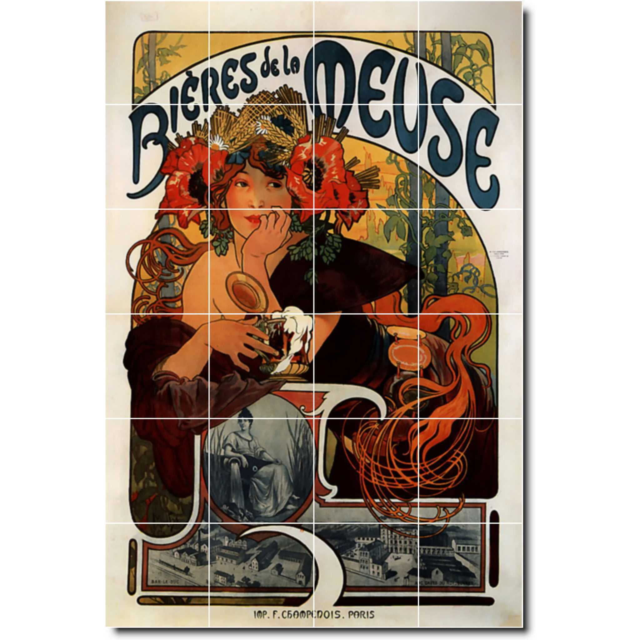 Ceramic Tile Mural-Alphonse Mucha Poster Art Wall Tile Mural 30. 32" w ...