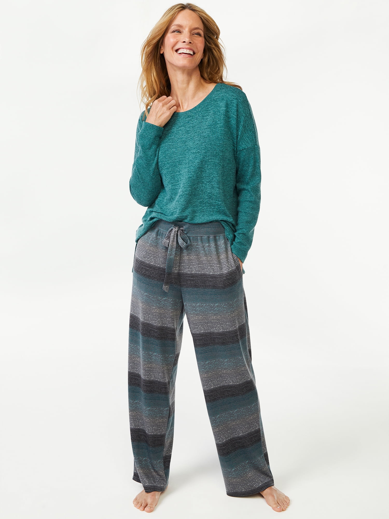 Joyspun Womens And Womens Plus Crew Top And Open Leg Pants Pajama Set 2 Piece Sizes Up To 3x
