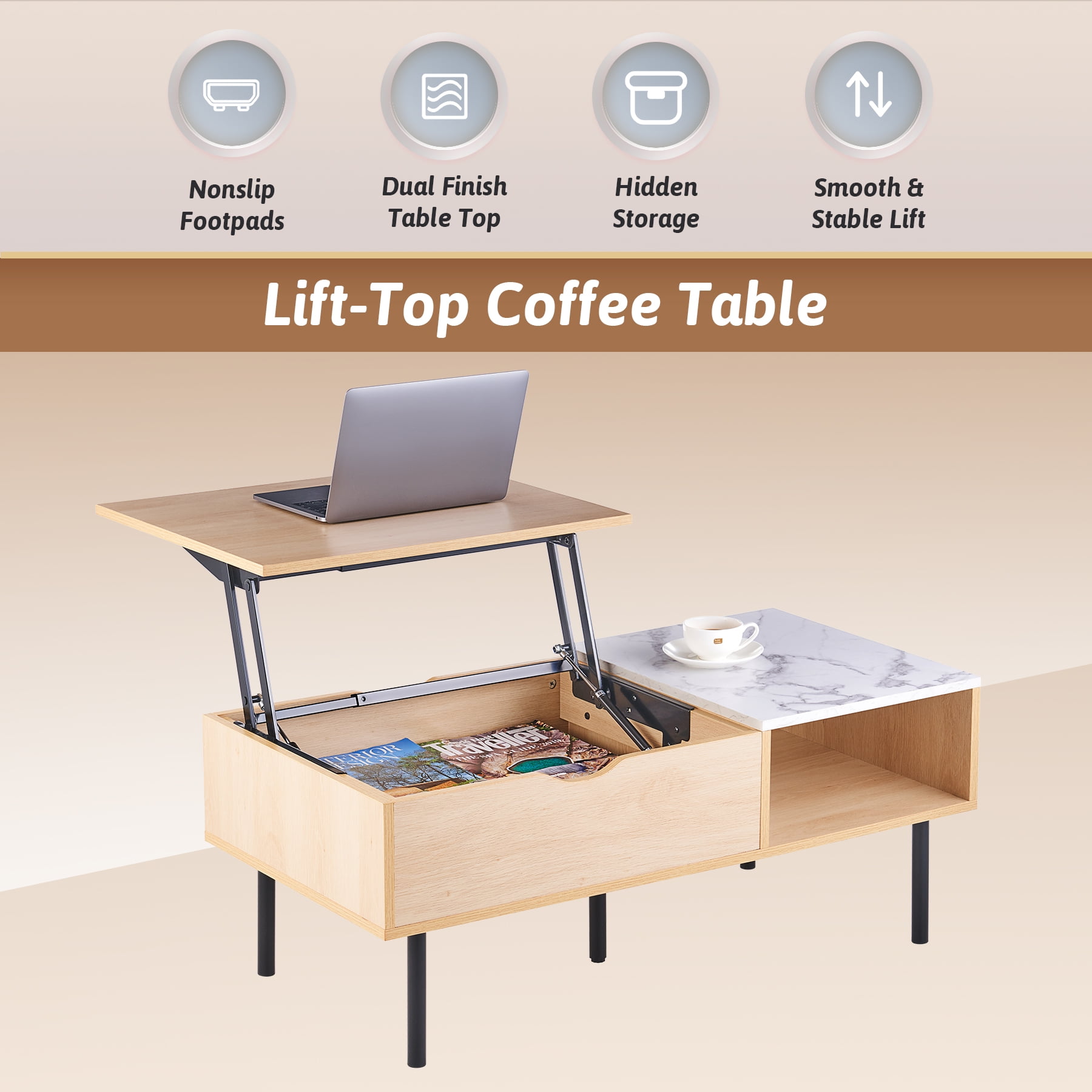 Bestco 39" Pop Up Coffee Table w Rising Desktop Under Shelf and Hidden ...