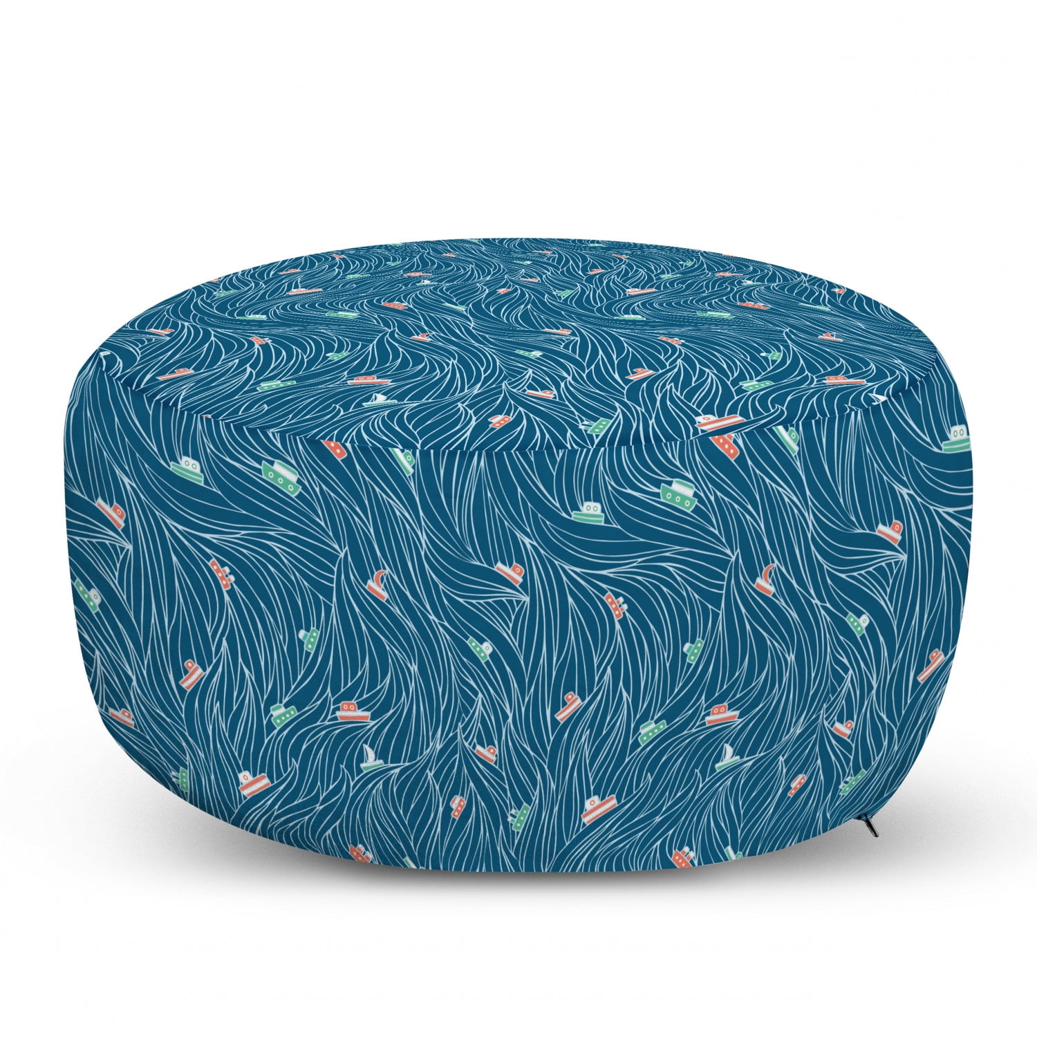 Nautical Pouf Cover with Zipper, Waves Ships Cartoon Nautical Sailboat ...