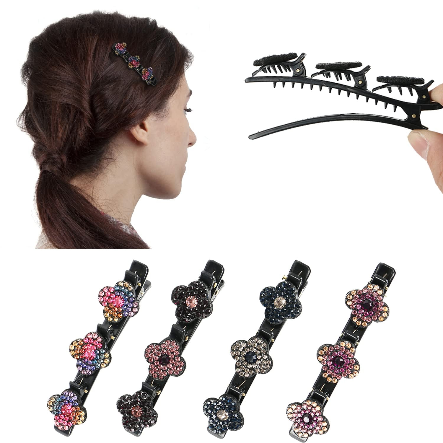 Sparkling Crystal Stone Braided Hair Clips for Women Girls, 4 Pcs Satin ...