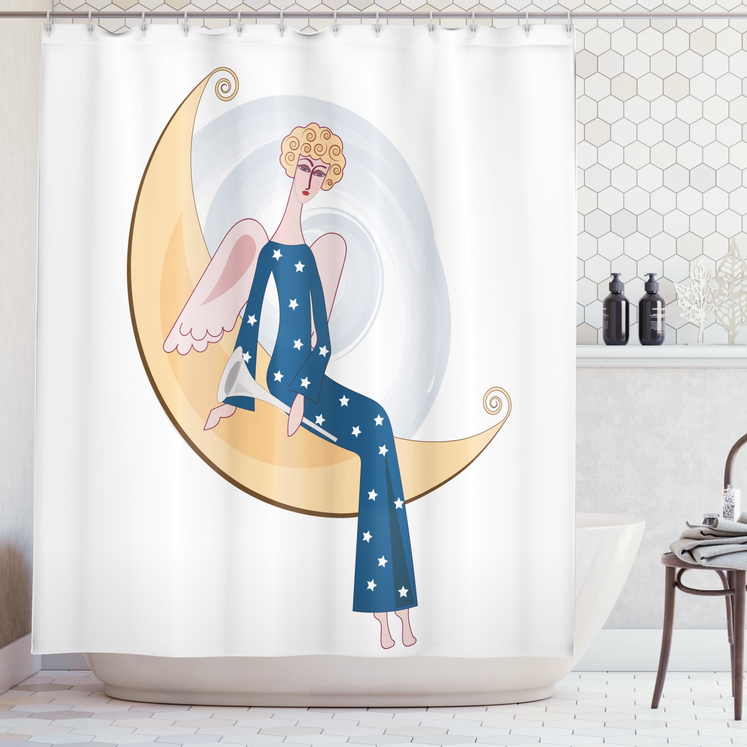 Angel Wings Shower Curtain, Archaic Woman with Trumpet Sitting on ...