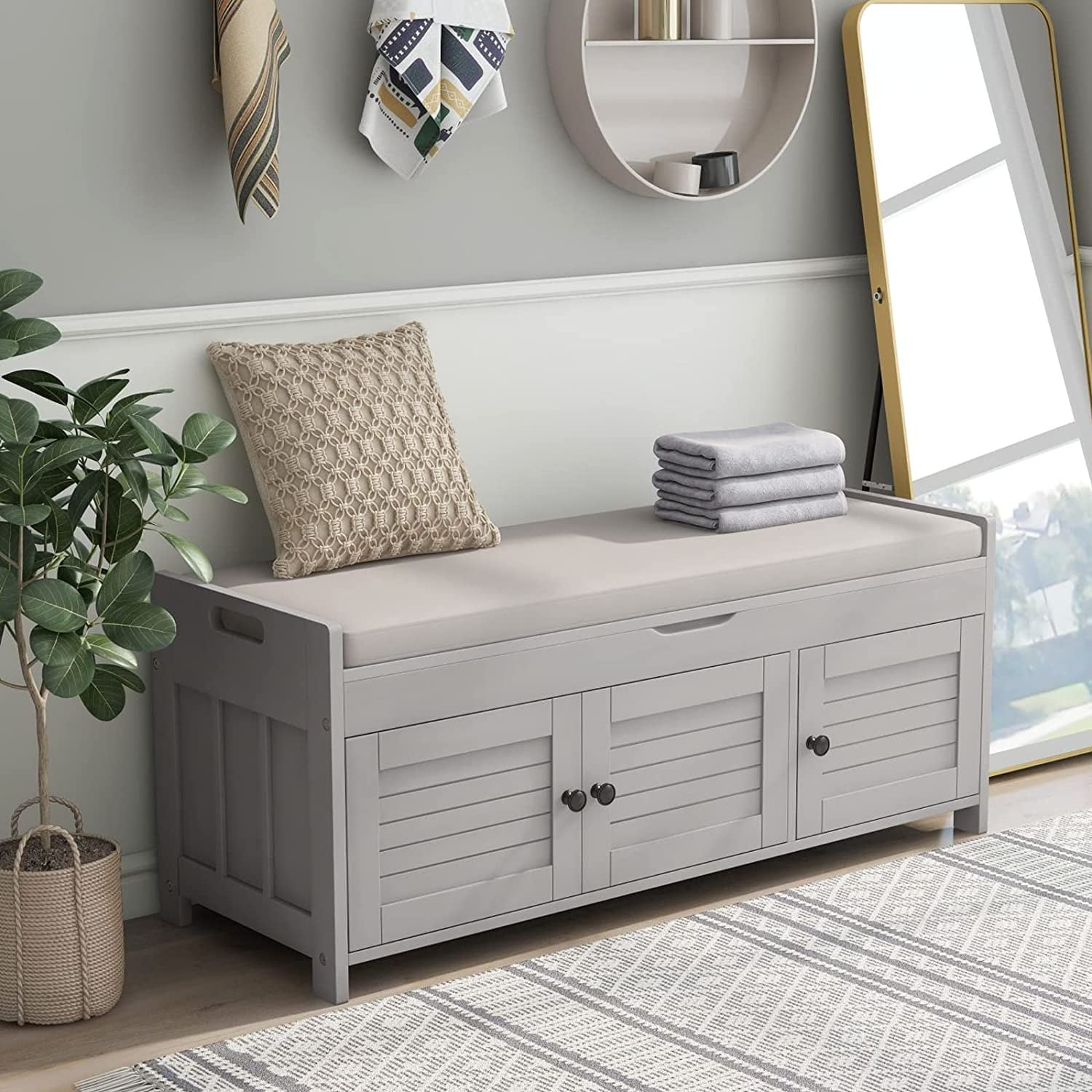 AngLink Storage Bench Entryway Storage Bench with 3 Shutter-Shaped ...