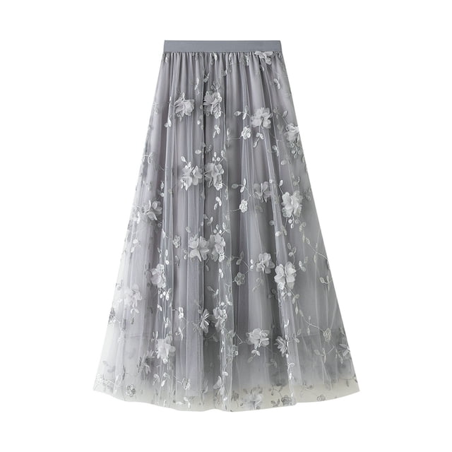Ichuanyi Women's Long Tulle Tutu Skirt 3D Flower Embroidery Solid Color ...
