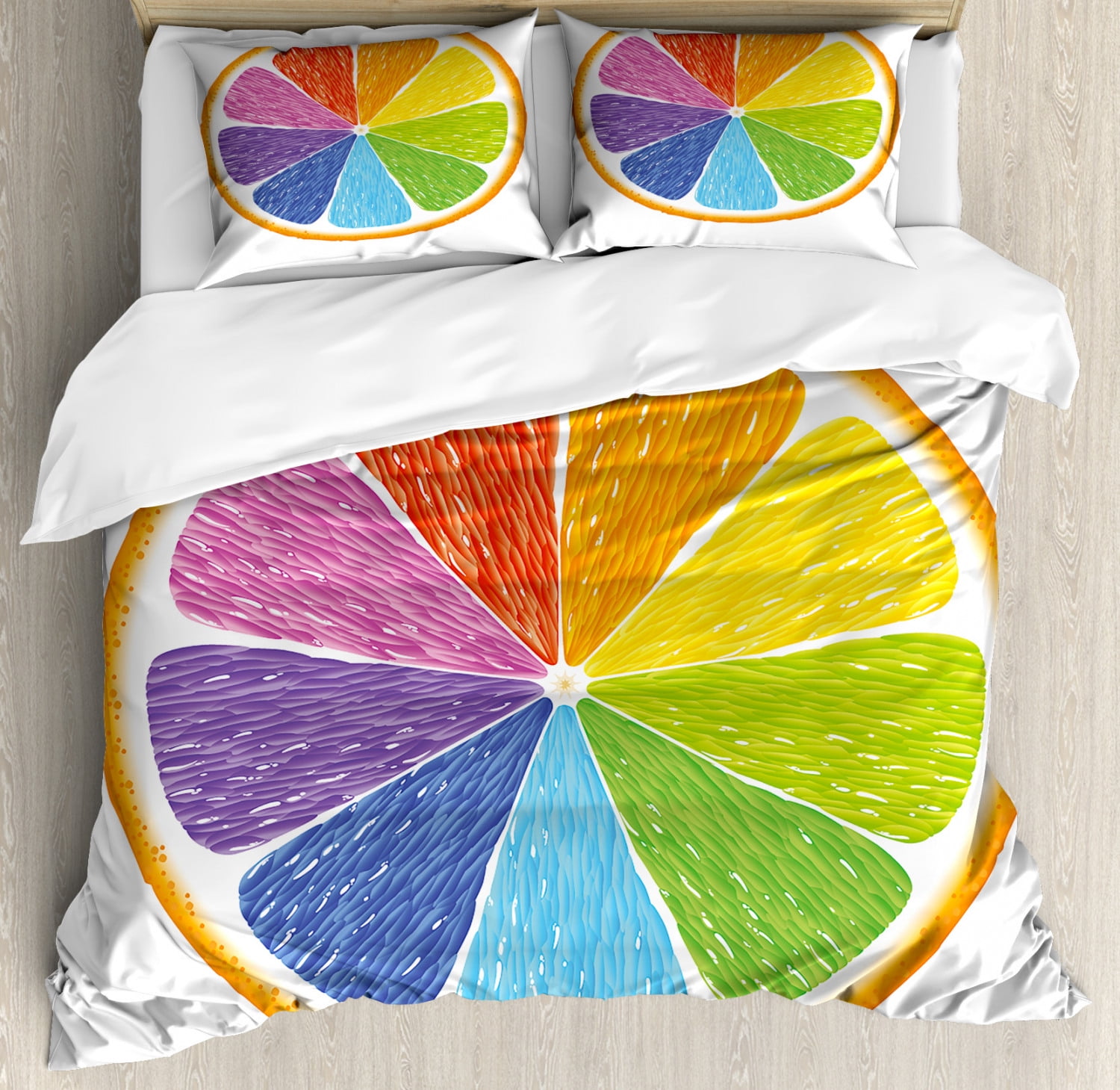 Colorful Queen Size Duvet Cover Set, Rainbow Colored Orange Fresh Fruit ...
