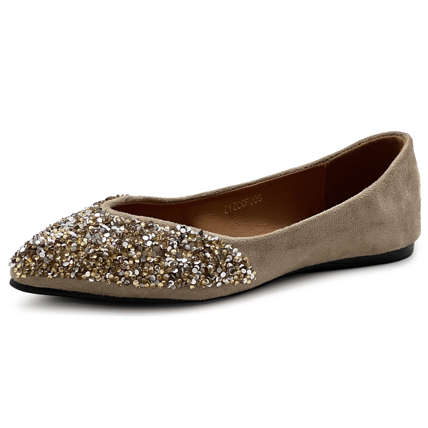 Ollio Women's Shoes Faux Suede Rhinestone Studded Pointed Toe Ballet ...