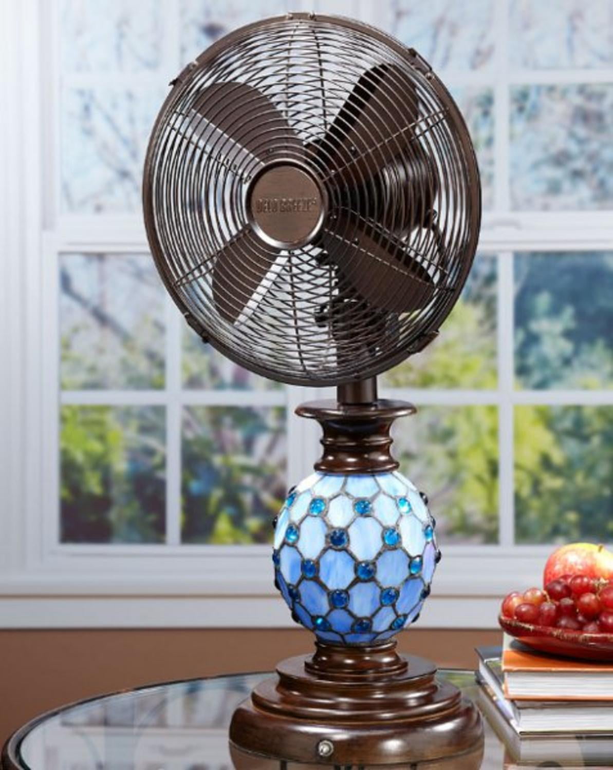 24" Stylish Azure Blue Glass Mosaic Oscillating Table Fan and Lamp ...