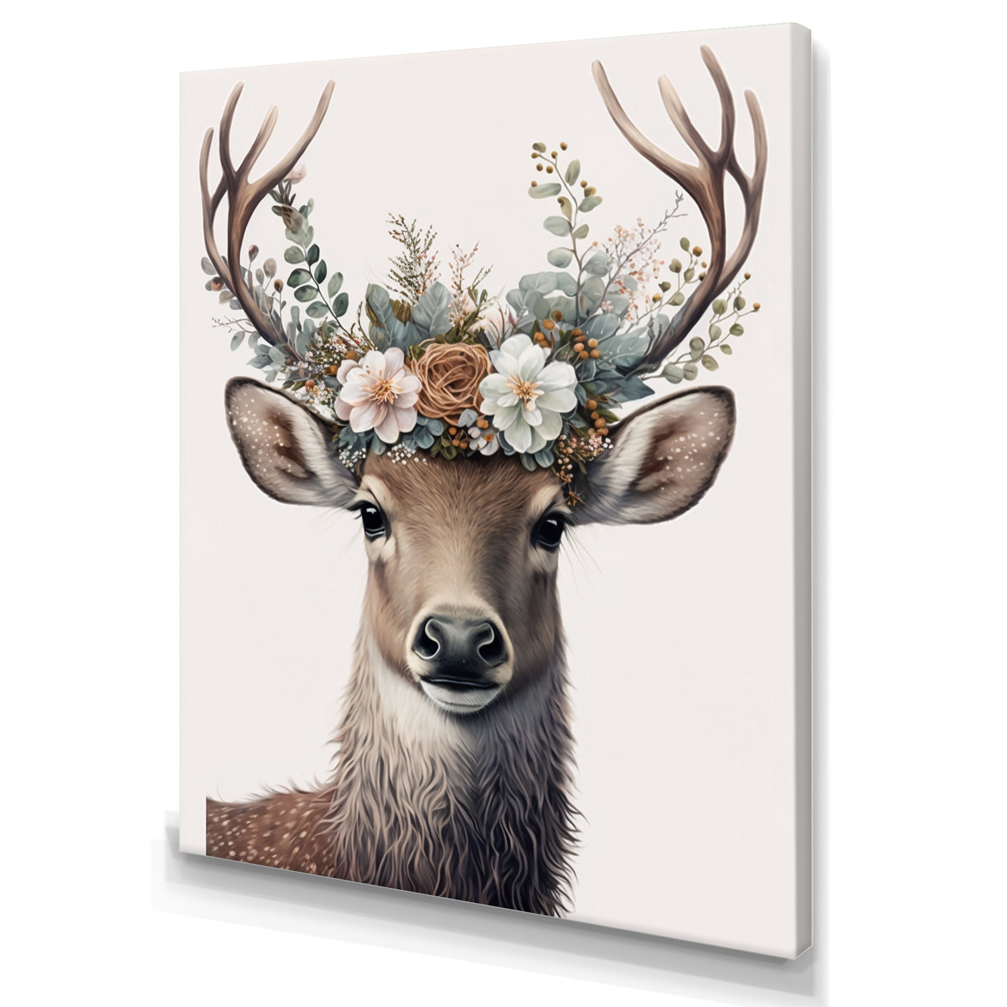 Designart Cute Baby Caribou With Floral Crown IV Canvas Wall Art ...