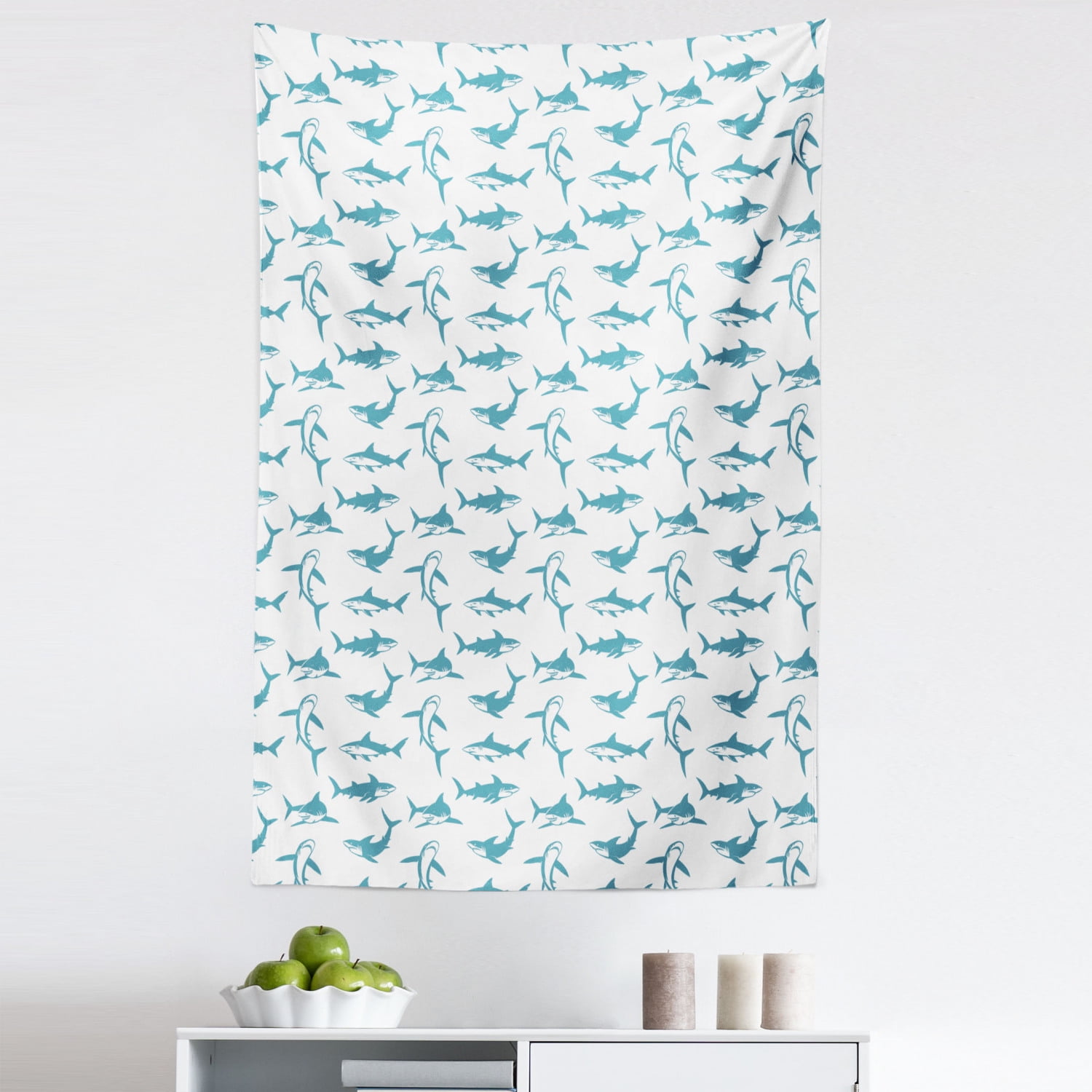 Shark Tapestry, Scary Predators of the Seas Blue Fishes with Fins and ...