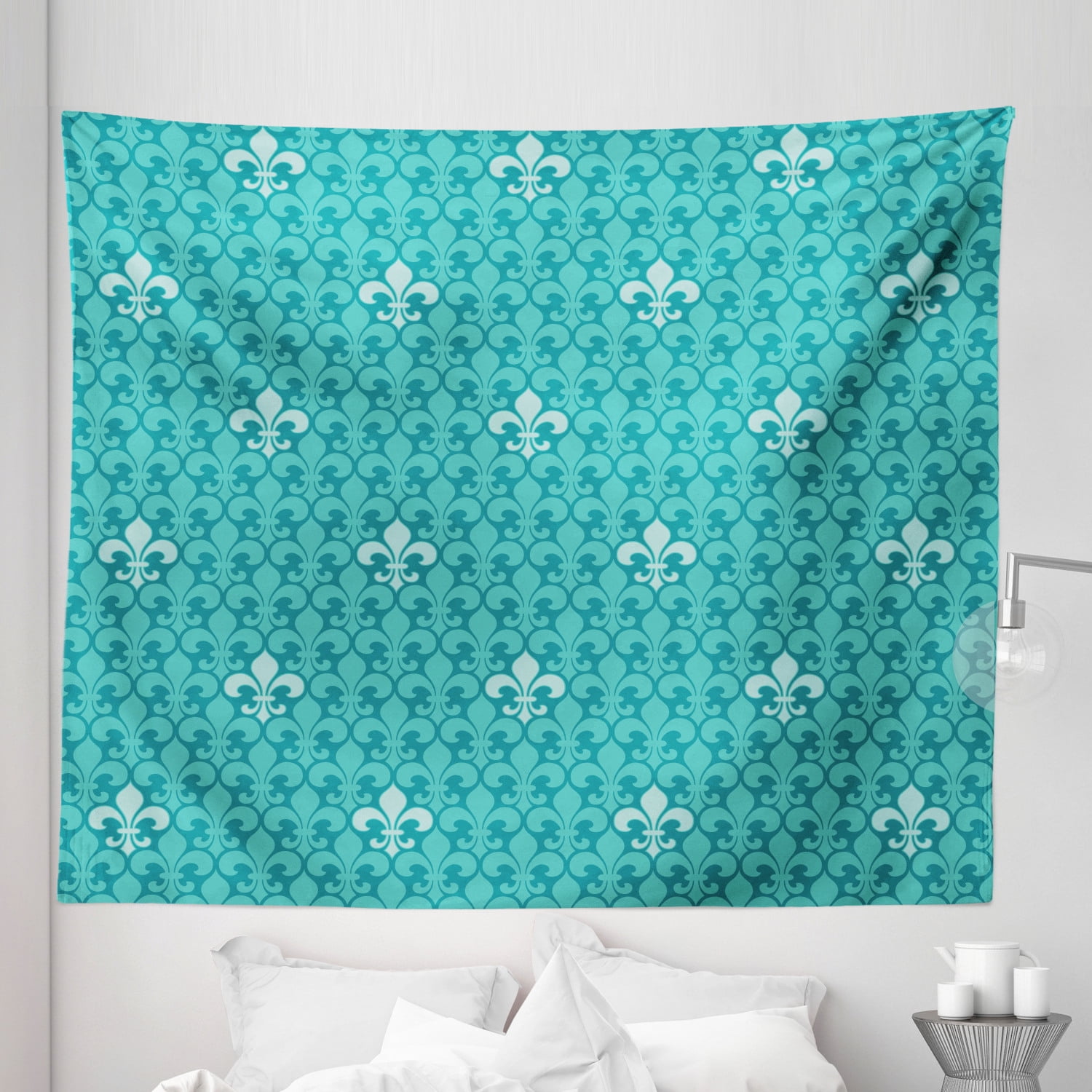 Turquoise Tapestry, Fleur De Lis Pattern Lily Ornate Medieval Interior ...