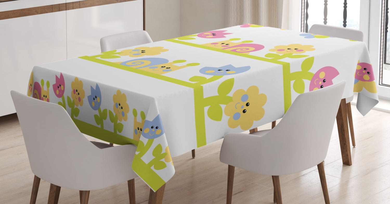 Kids Tablecloth, Cartoon Character Bees Tulip and Daisy Flowers Snails ...
