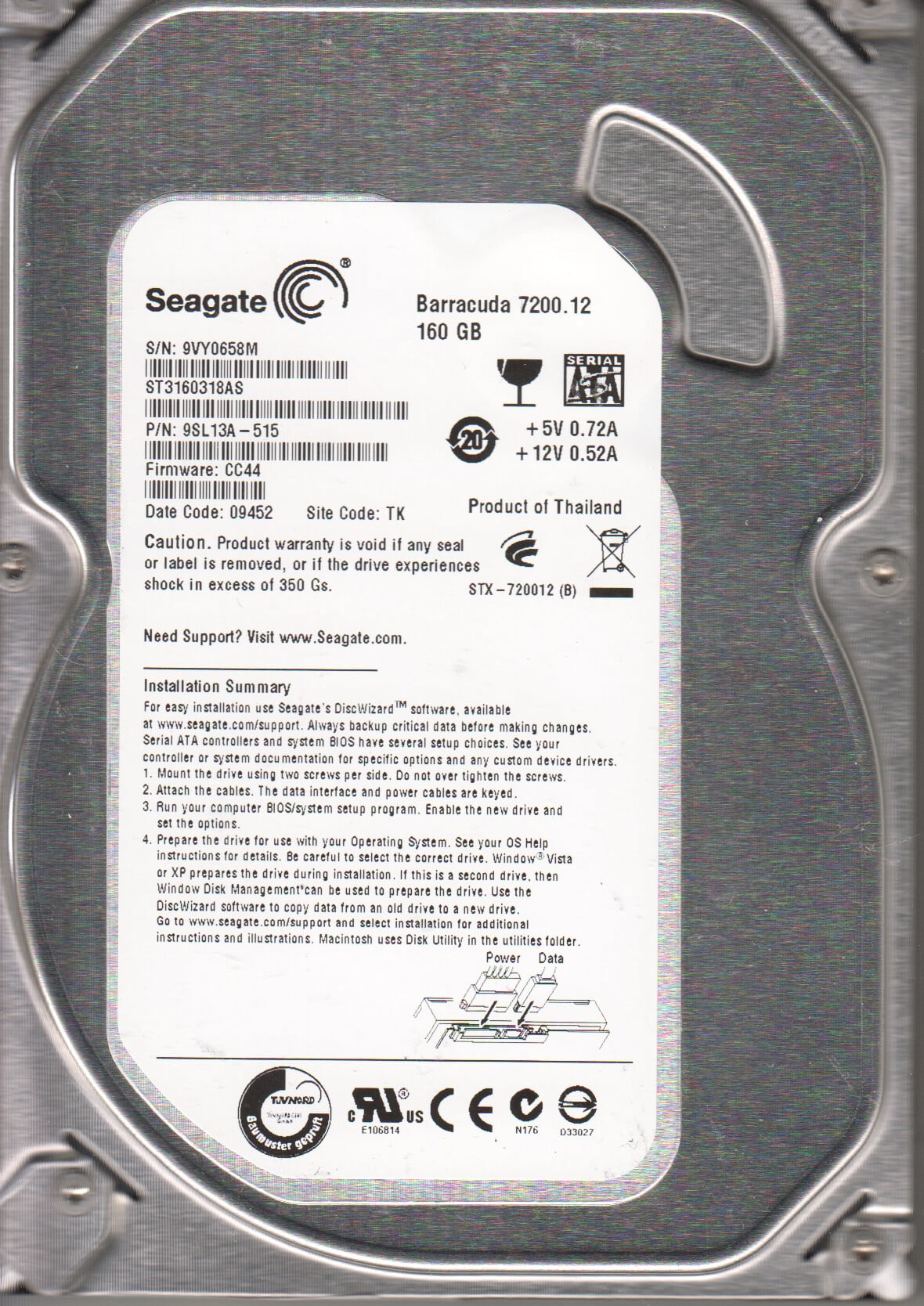 ST3160318AS, 9VY, TK, PN 9SL13A-515, FW CC44, Seagate 160GB SATA 3.5 ...