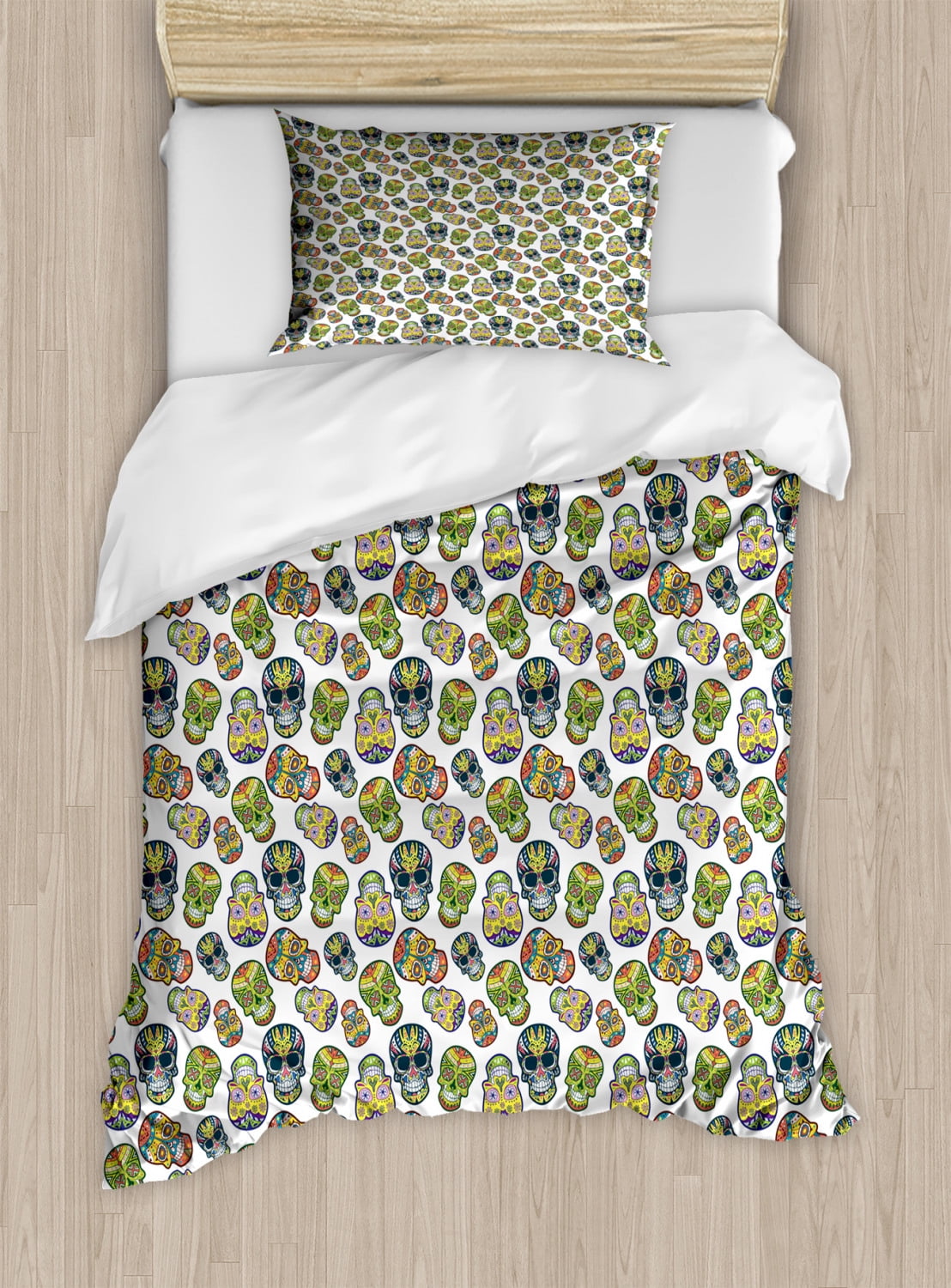 Sugar Skull Twin Size Duvet Cover Set, Hand Drawn Style Traditional ...