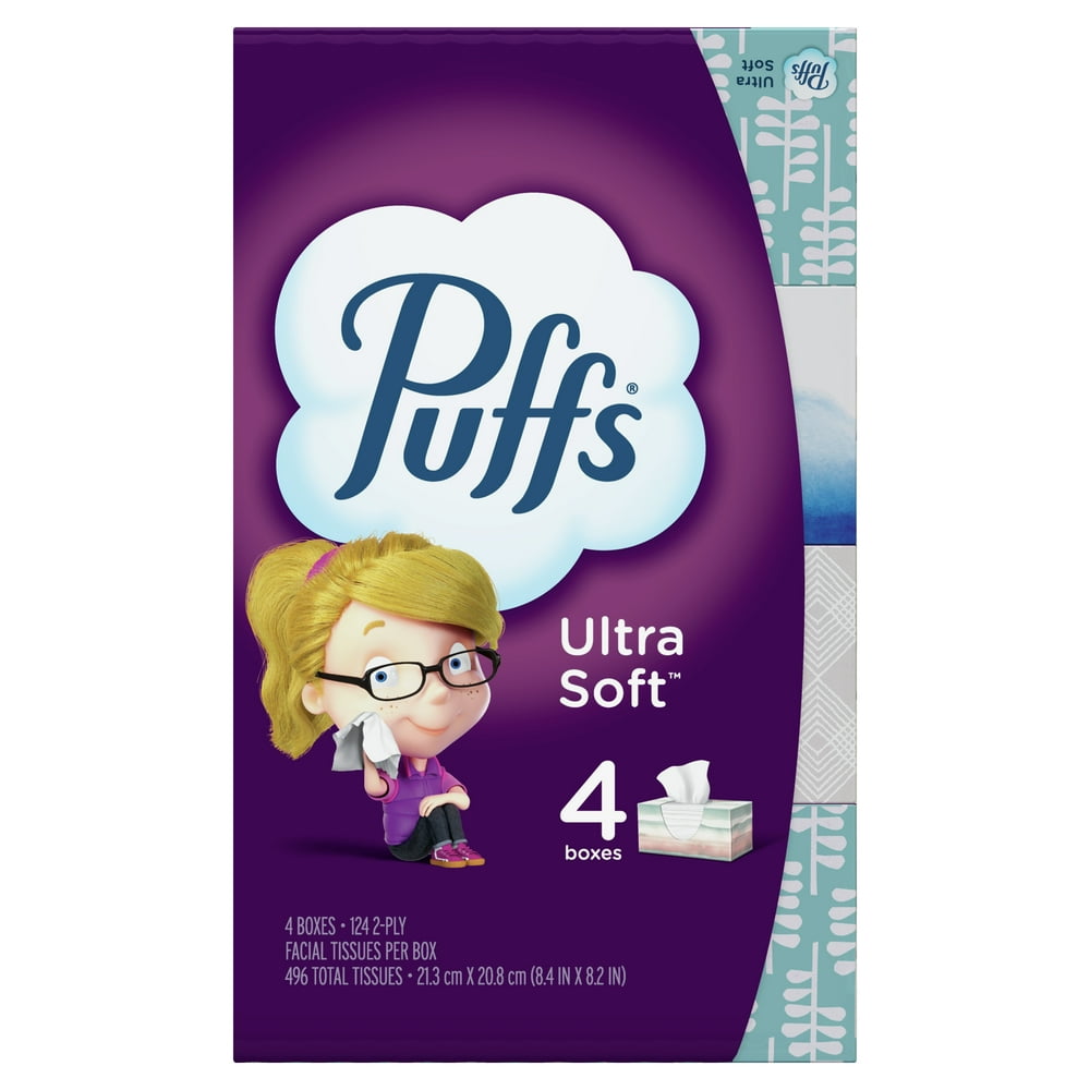 Puffs Ultra Soft Non-Lotion Facial Tissue, 4 Family Boxes 496 Tissues ...