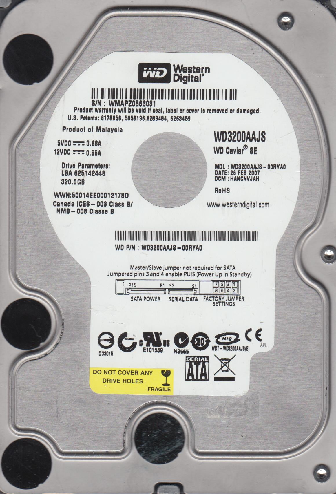 WD3200AAJS-00RYA0, DCM HANCNVJAH, Western Digital 320GB SATA 3.5 Hard ...
