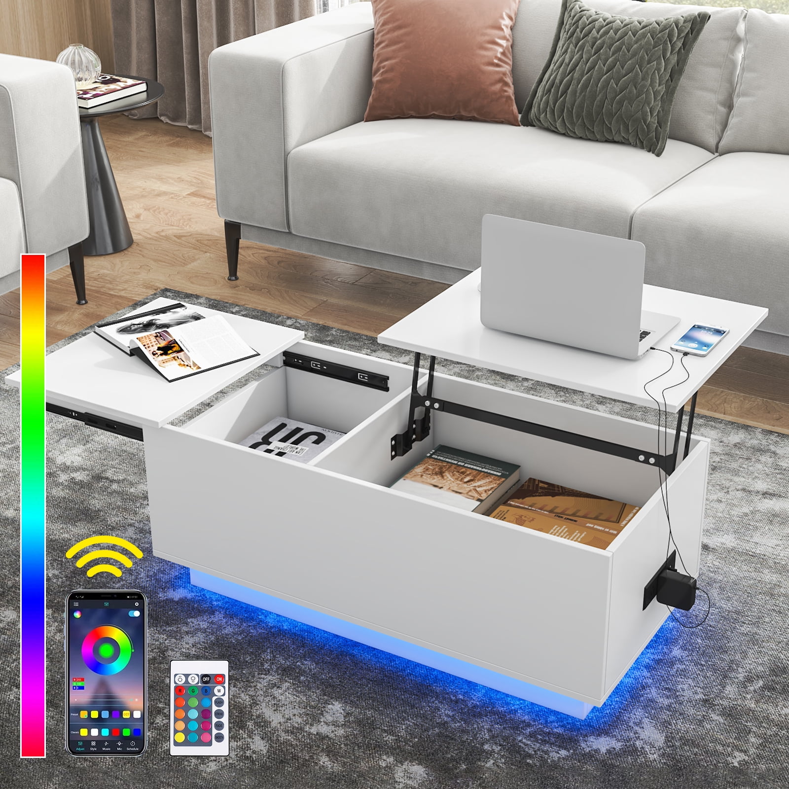 Hommpa LED Coffee Table with Charging Station Black Lift Top Coffee ...